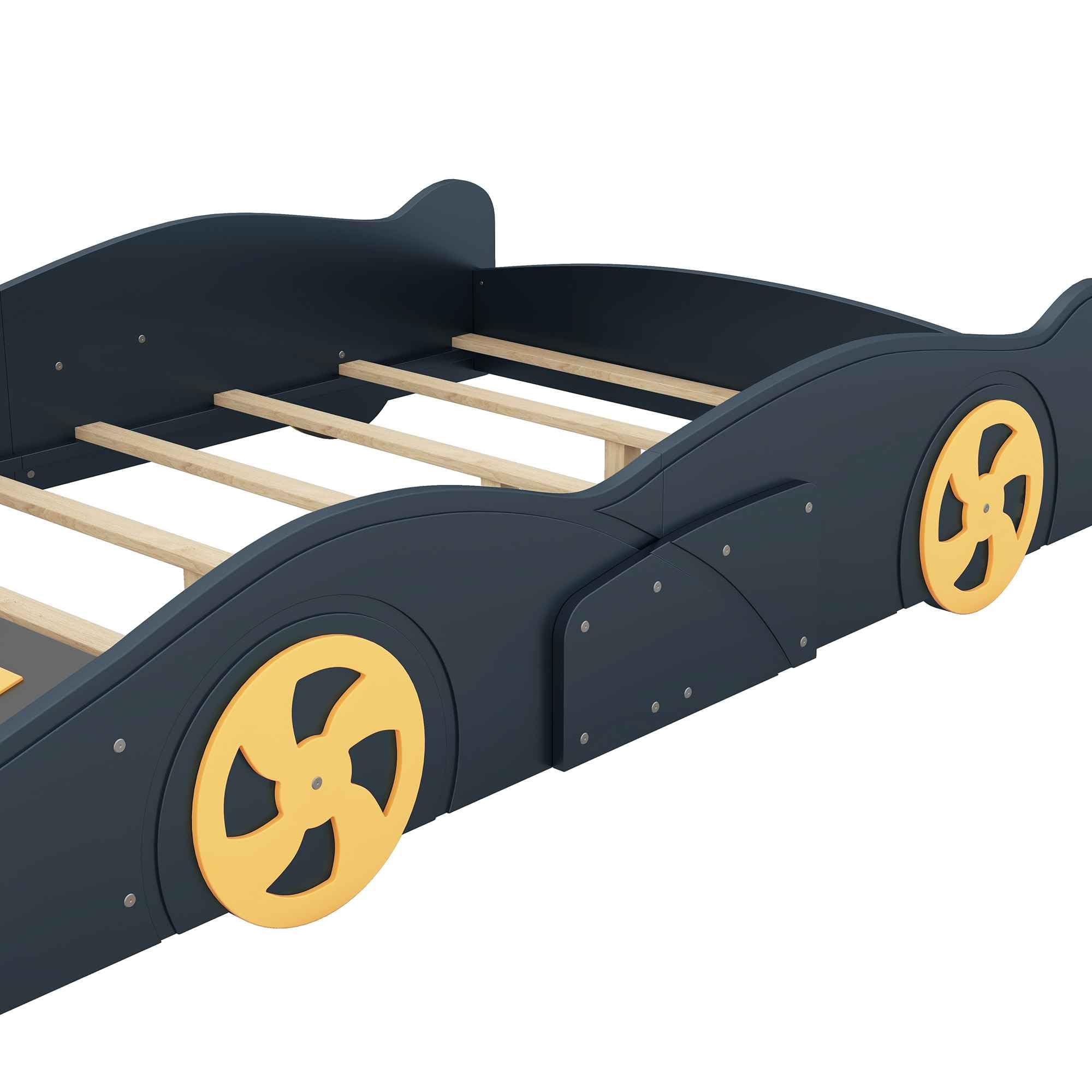 ATY Full Size Platform Bed with Storage, Race Car-Shaped Bedframe w/Wheels Design, Funny for Kids, Toddlers, 90.6" L x 55.3" W x 15.7" H, No Spring Needed, Dark blue
