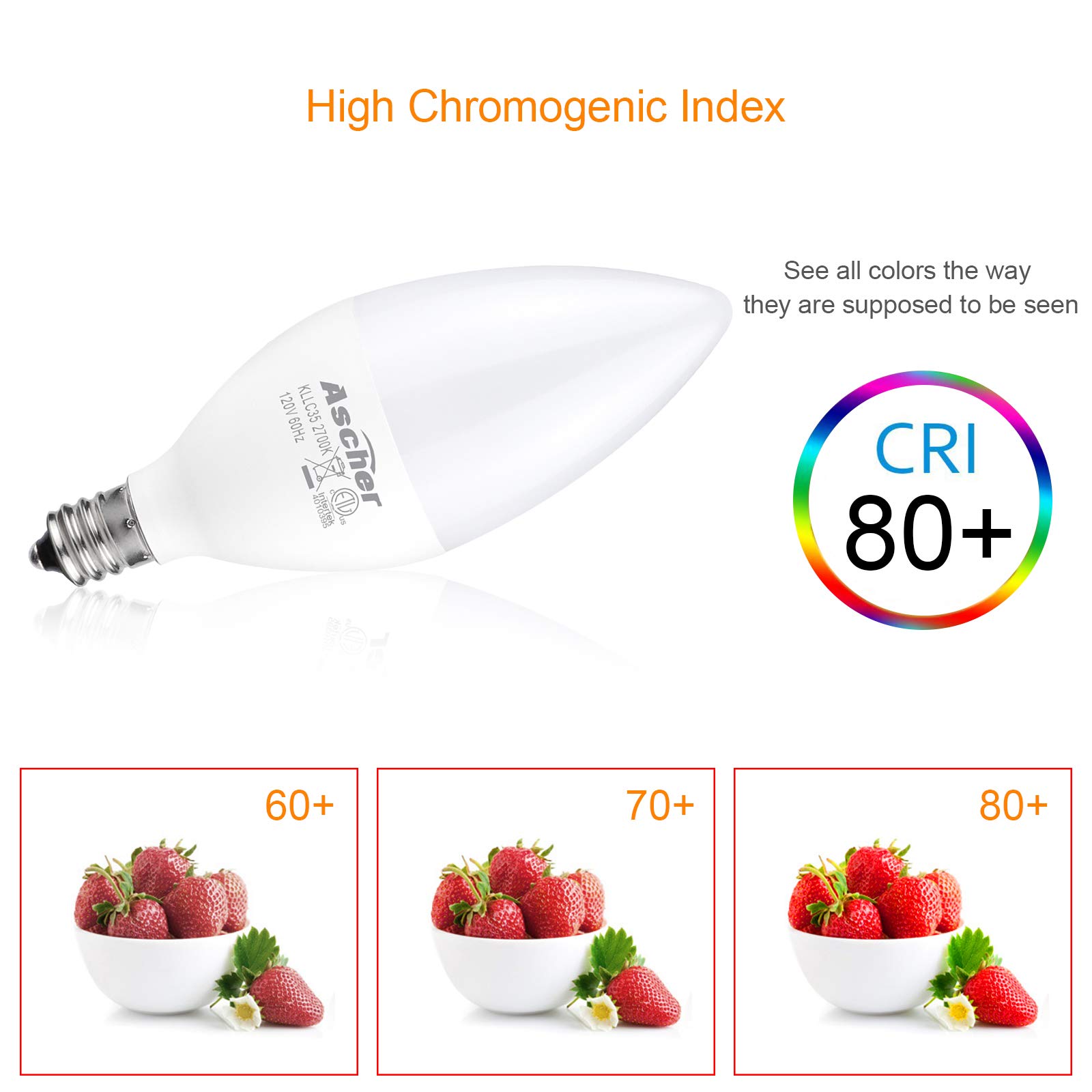 Ascher Classic E12 LED Candelabra Light Bulbs, Equivalent 60W, 550 Lumens, Warm White 2700K, Chandelier Bulb, Non-dimmable, Candelabra Base, Pack of 10