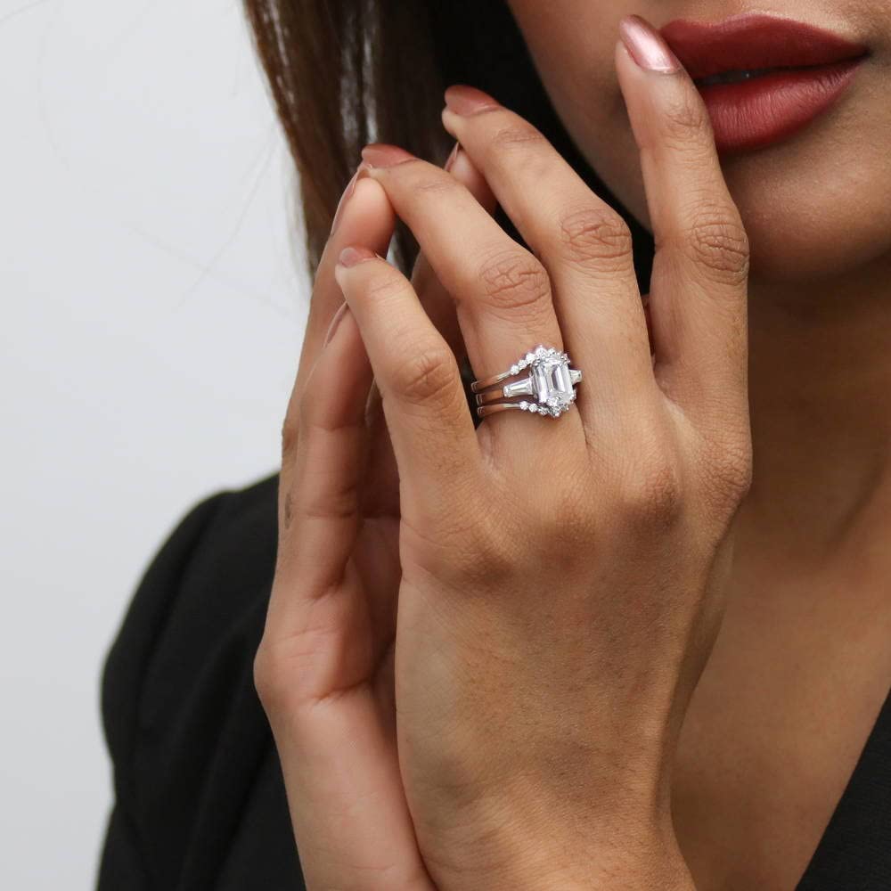 BERRICLE Sterling Silver 3-Stone Wedding Engagement Rings Emerald Cut Cubic Zirconia CZ 7-Stone Ring Set for Women, Rhodium Plated Size 5.5