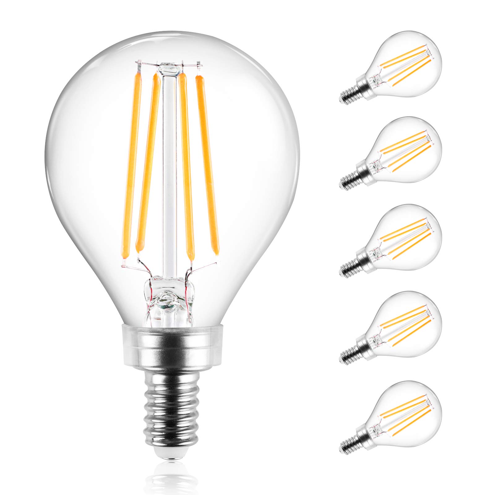 Ascher E12 Candelabra LED Light Bulbs 60 Watt Equivalent, 550 Lumens, Warm White 2700K, Decorative G45 LED Globe Bulbs, Filament Clear Glass, Non-Dimmable, Pack of 5