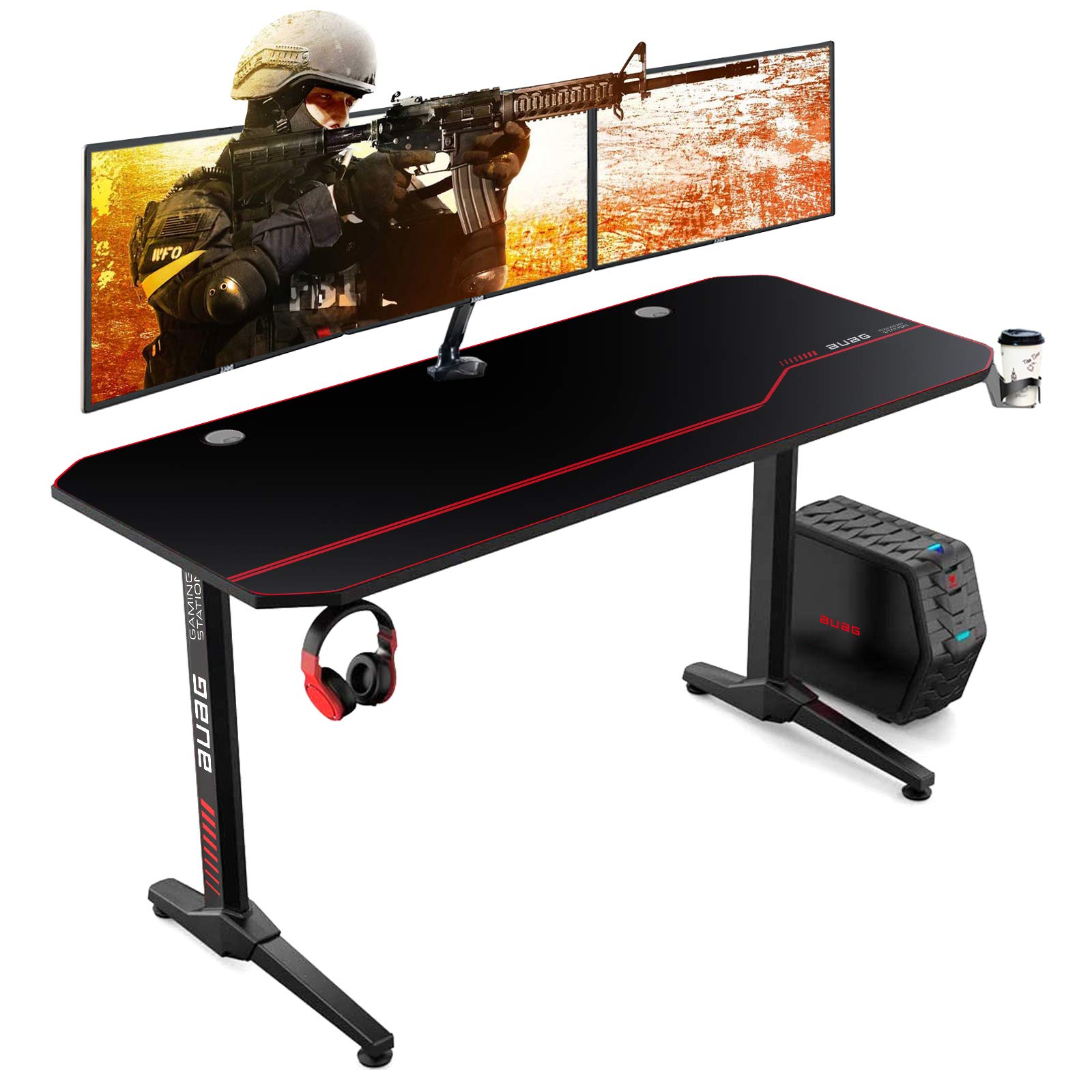 AuAg 55" Enhanced Larger Gaming Desk with Free Mouse Pad, Cup Holder Headphone & Speaker Hook, Powerful Cabling Management Home Office Computer PC Streamer Desk