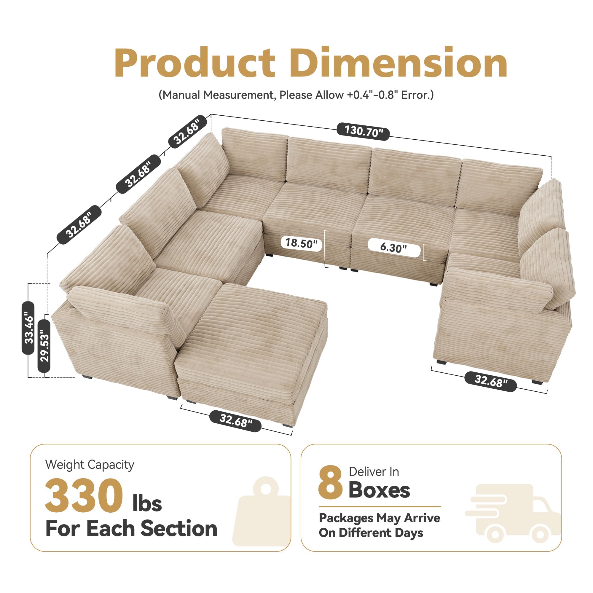 CAODOC Modular Sectional Sofa with Chaise U Shaped Sectional Couch for Living Room, 8-Seater Comfy Cloud Couches with One Movable Ottoman, Plush Corduroy, Beige