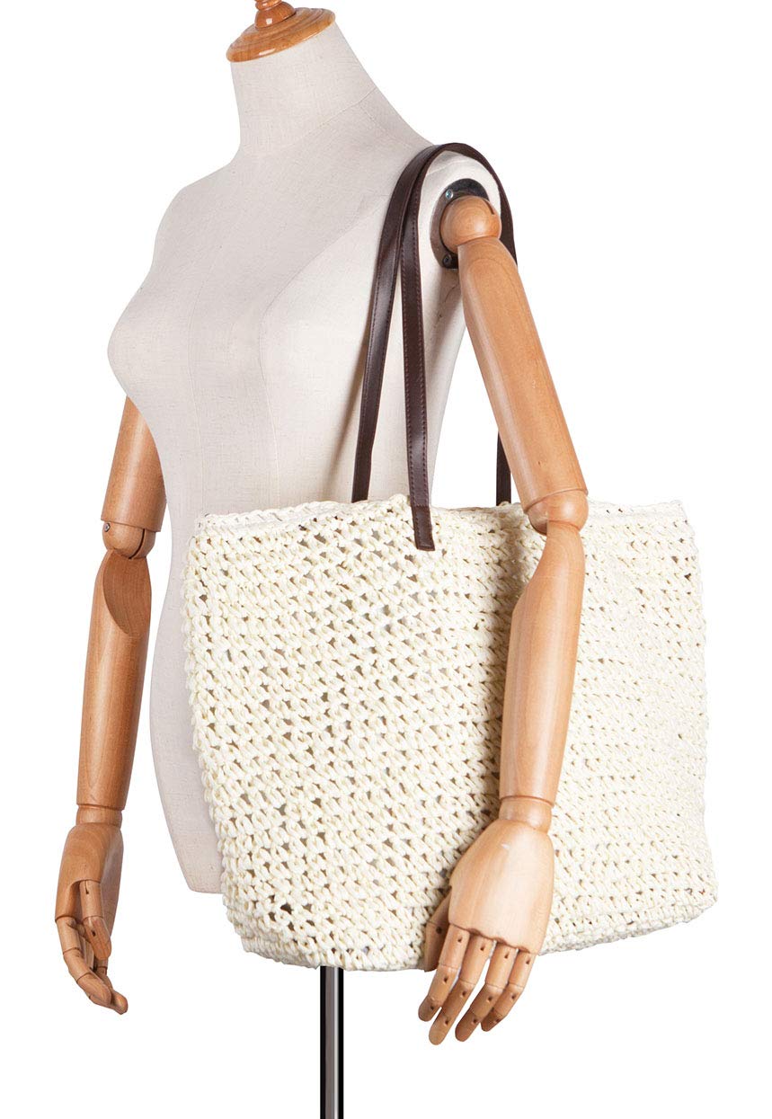 ilishop Women's Classic Woven Straw Tote Summer Beach Weaving Handbag Shoulder Bag (White)