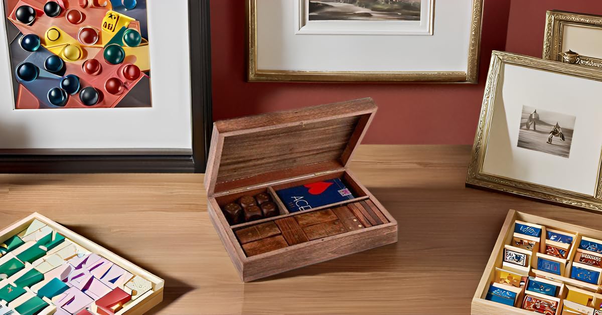 Great Gift Ideas Wooden Playing Card Box with 5 Dice & 28 Dominoes Tiles Game Set Deck Pack Case Holder Storage Accessories Organizer with Playing Cards Classic Table Game