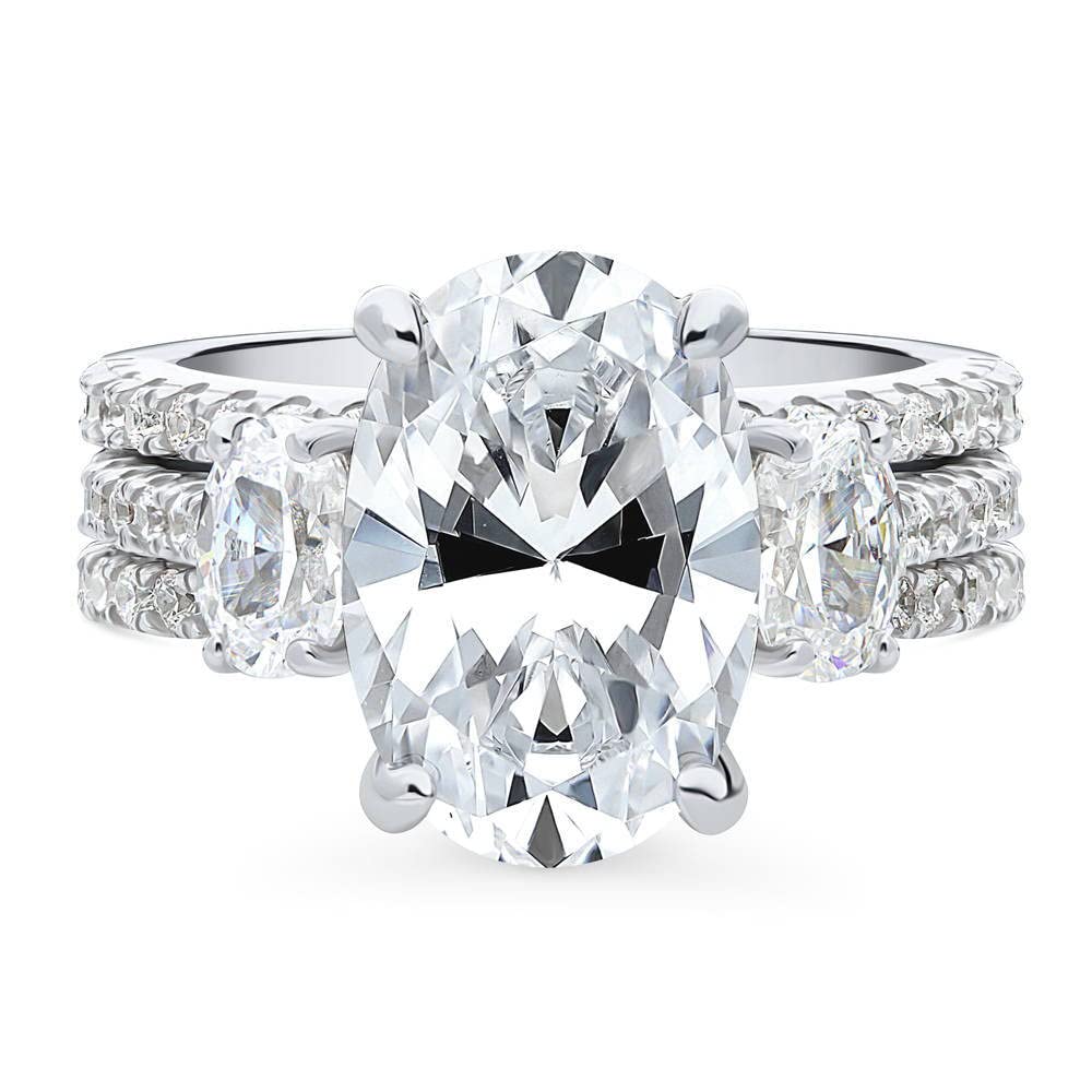 BERRICLE Sterling Silver 3-Stone Wedding Engagement Rings Oval Cut Cubic Zirconia CZ Ring Set for Women, Rhodium Plated Size 7