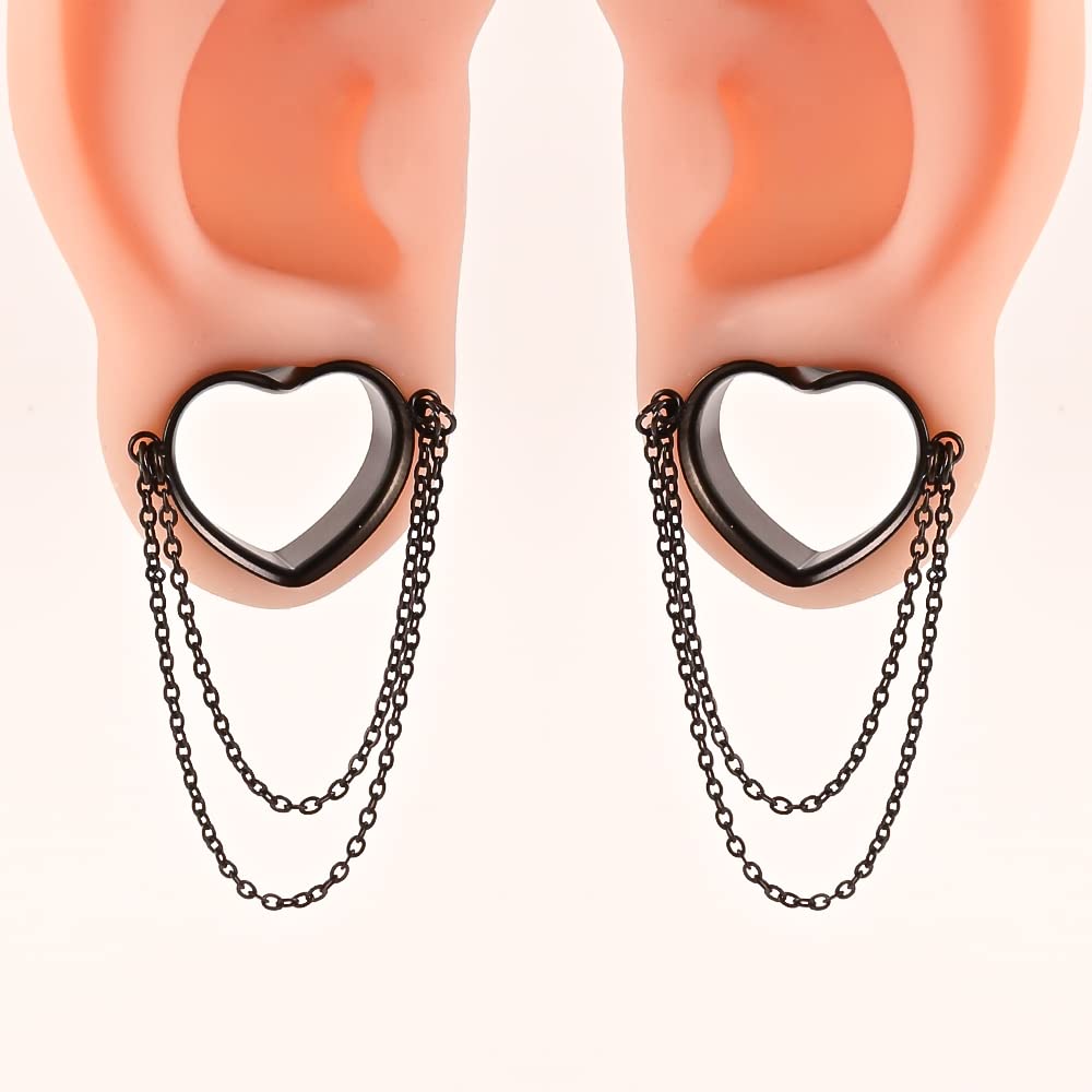 Atomhole 2PCS Cute Heart Ear Gauges with Chains Hypoallergenic 316 Stainless Steel Plugs for Ears Tunnels Piercing Expander Stretchers Body Jewelry (10mm(00G), Black)