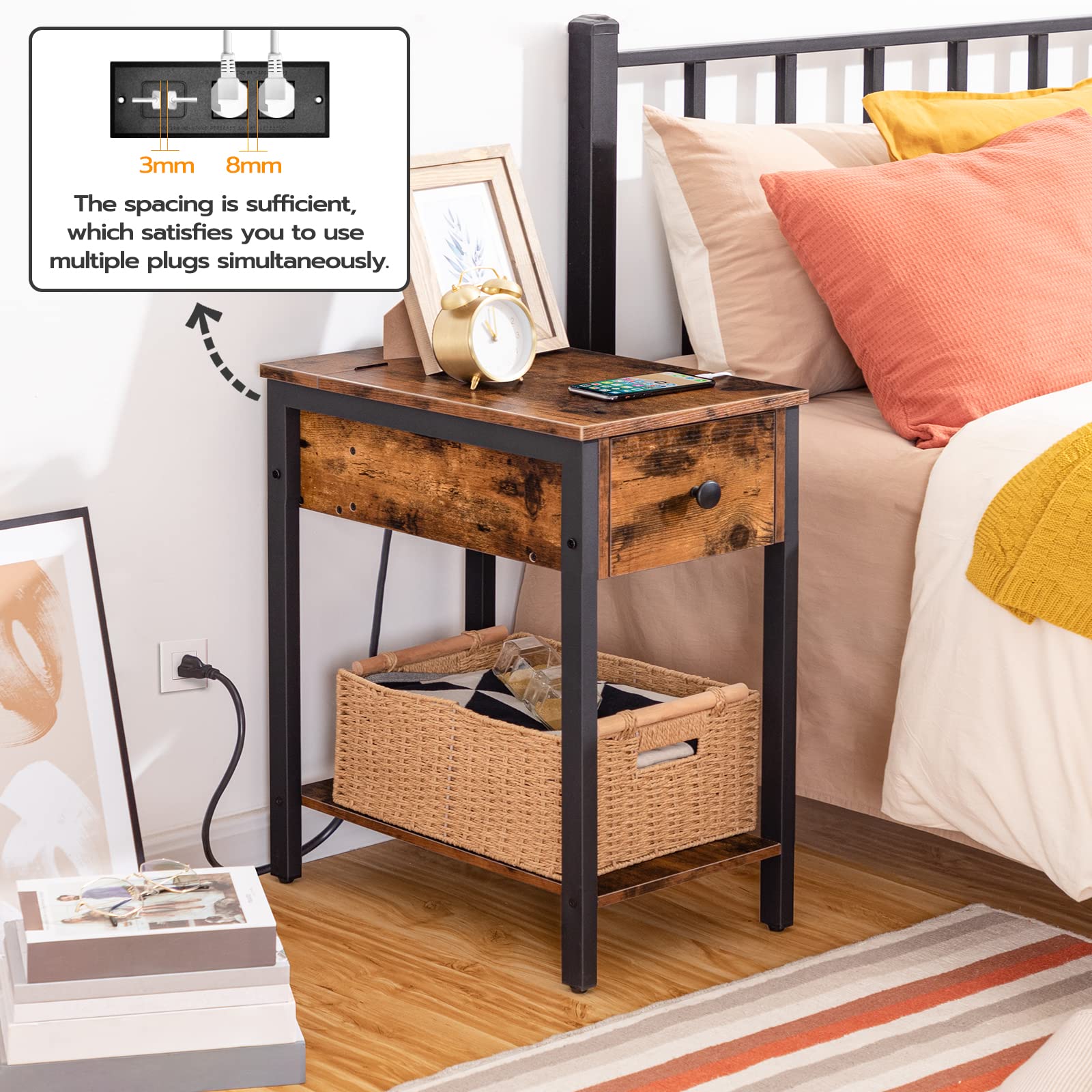 HOOBRO End Table with Charging Station, Set of 2 Narrow Side Table, Small Nightstand, Bedside Table with Drawer and Storage Shelves, for Small Spaces, Rustic Brown and Black BF041BZP201
