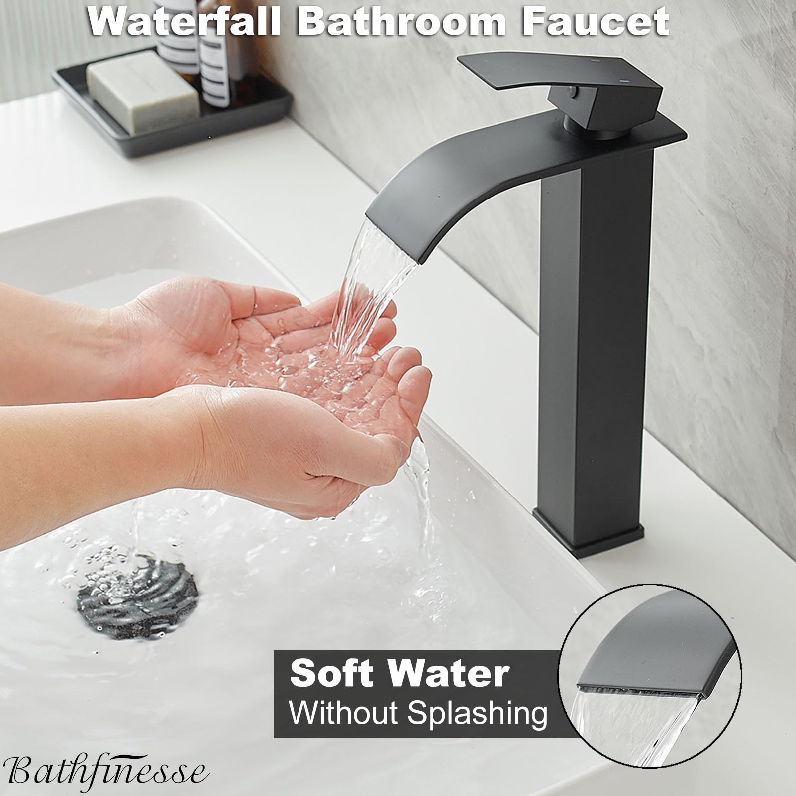 Bathfinesse Vessel Sink Faucet Waterfall Bathroom Faucet Matte Black Stainless Steel Tall Single Handle One Hole Deck Mount Bowl Vanity Sink Faucet with Pop-up Drain Stopper