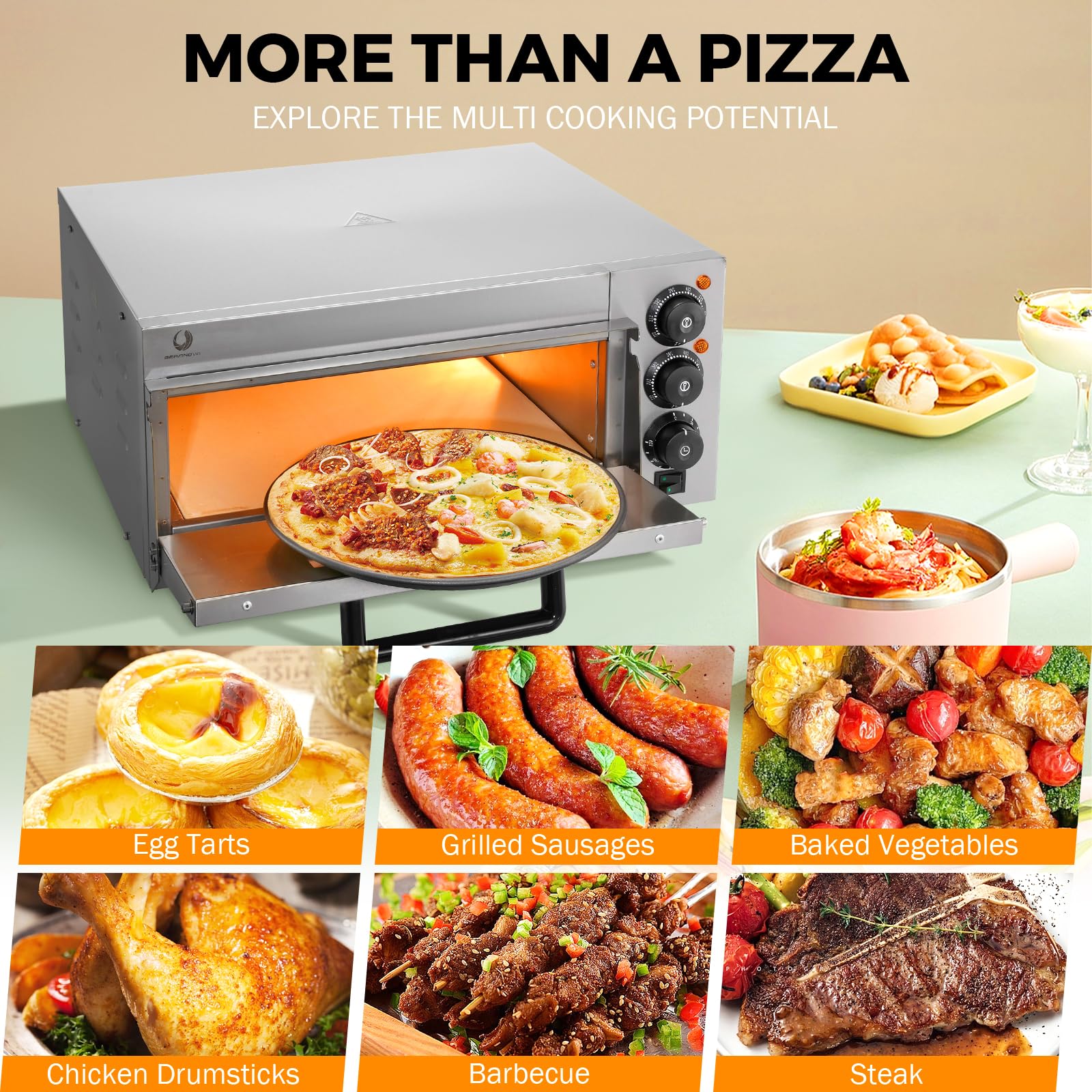 BEAMNOVA Electric Commercial Pizza Oven Countertop,1900W Adjustable Temperature Pizza Oven with 12 Inch Pizza Pan and Pizza Stone for Restaurant Home Pretzels Bakedā¦