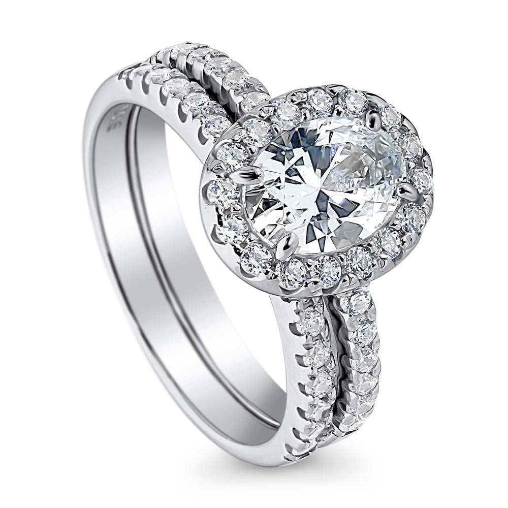 BERRICLE Sterling Silver Halo Wedding Engagement Rings Oval Cut Cubic Zirconia CZ Ring Set for Women, Rhodium Plated Size 5.5