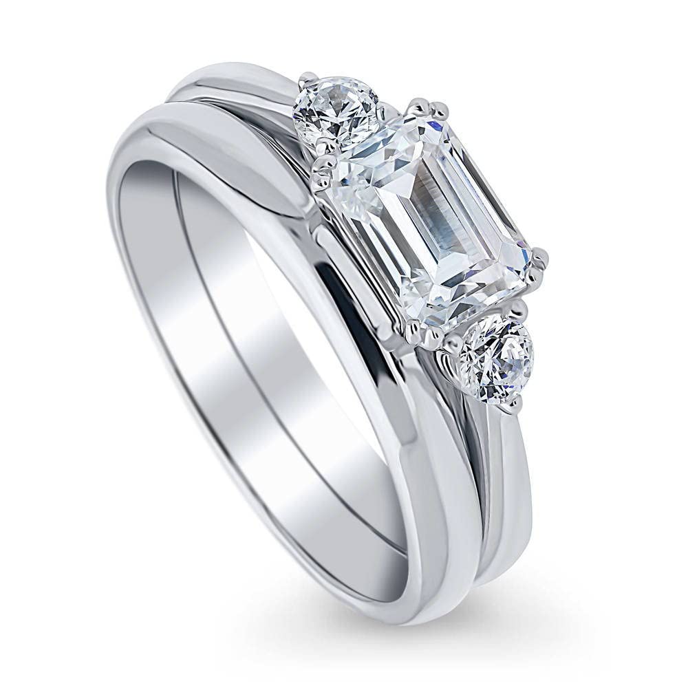 BERRICLE Sterling Silver 3-Stone Wedding Engagement Rings Emerald Cut Cubic Zirconia CZ East-West Ring Set for Women, Rhodium Plated Size 4.5