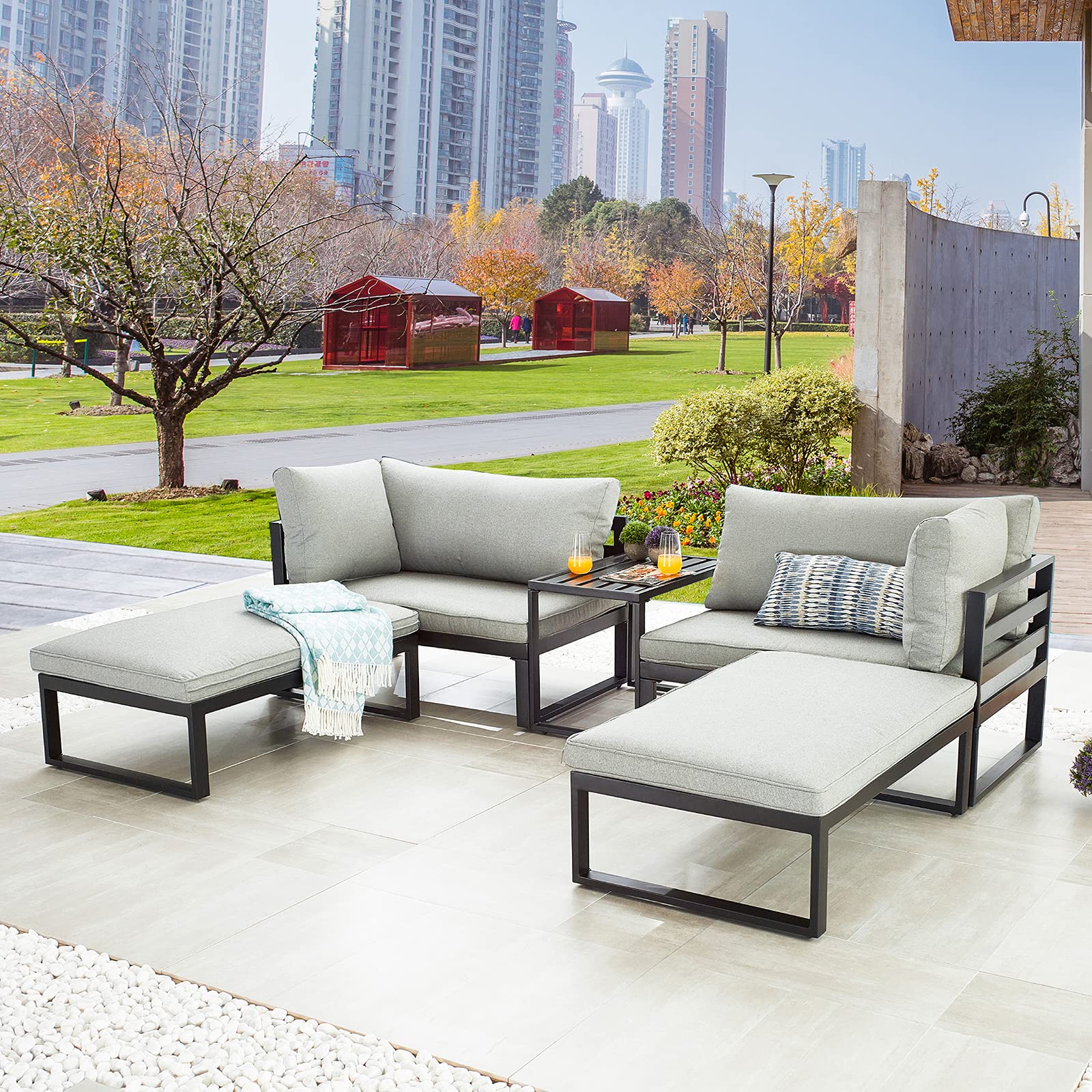 Festival Depot 5 Pieces Patio Furniture Outdoor Conversation Set Metal Corner Sectional Sofa Couch Patio Armrest Chair Cushioned Lounger Dining Coffee Side Table with Ottomans