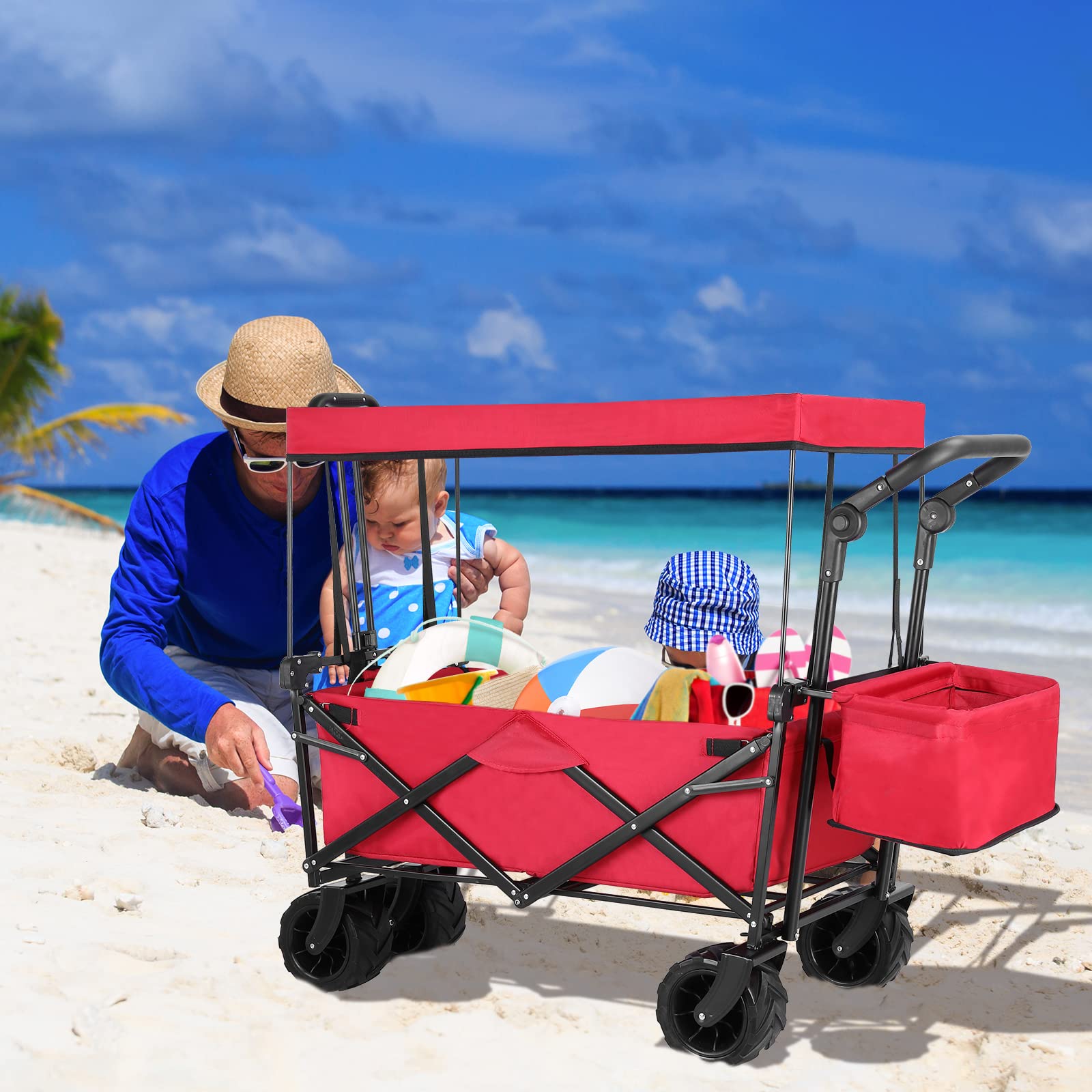AthLike 250Lbs Capacity Foldable Utility Cart with Removable Canopy and Pockets, Red, Portable, Adjustable
