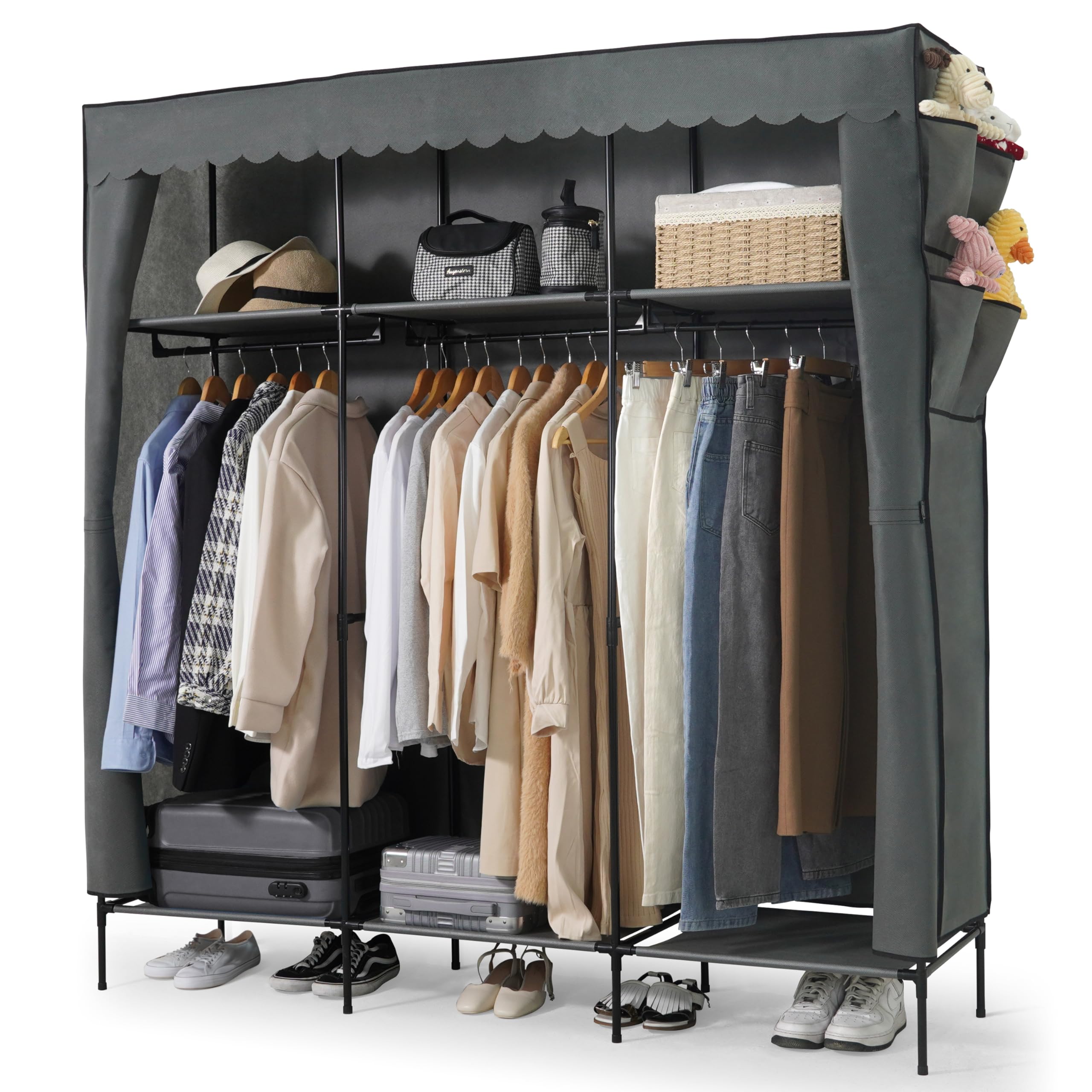 CAPHAUS 67-Inch Clothing Rack with Cover, Portable Closet Wardrobe, Covered Garment Rack for Hanging Clothes, 285LB Capacity Heavy-Duty Metal Frame Clothes Organizer Rack with Storage Shelves