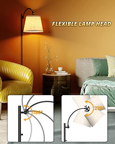 Floor Lamp for Living Room,Modern Lamp with Rotary Switch, Adjustable Tall Standing Reading Lamp with Hanging Linen Shade for Bedroom, Office, Black(3 Color Temperatures Bulb Included )