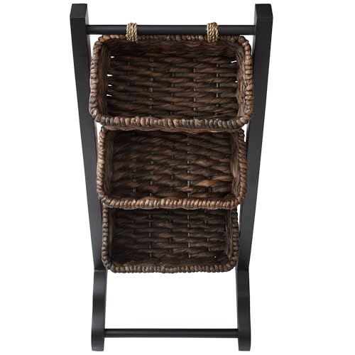 Casafield 3-Tier Floor Stand with Water Hyacinth Storage Baskets, Black/Espresso - Standing Organizer Rack for Bathroom, Kitchen, Laundry, Living Room