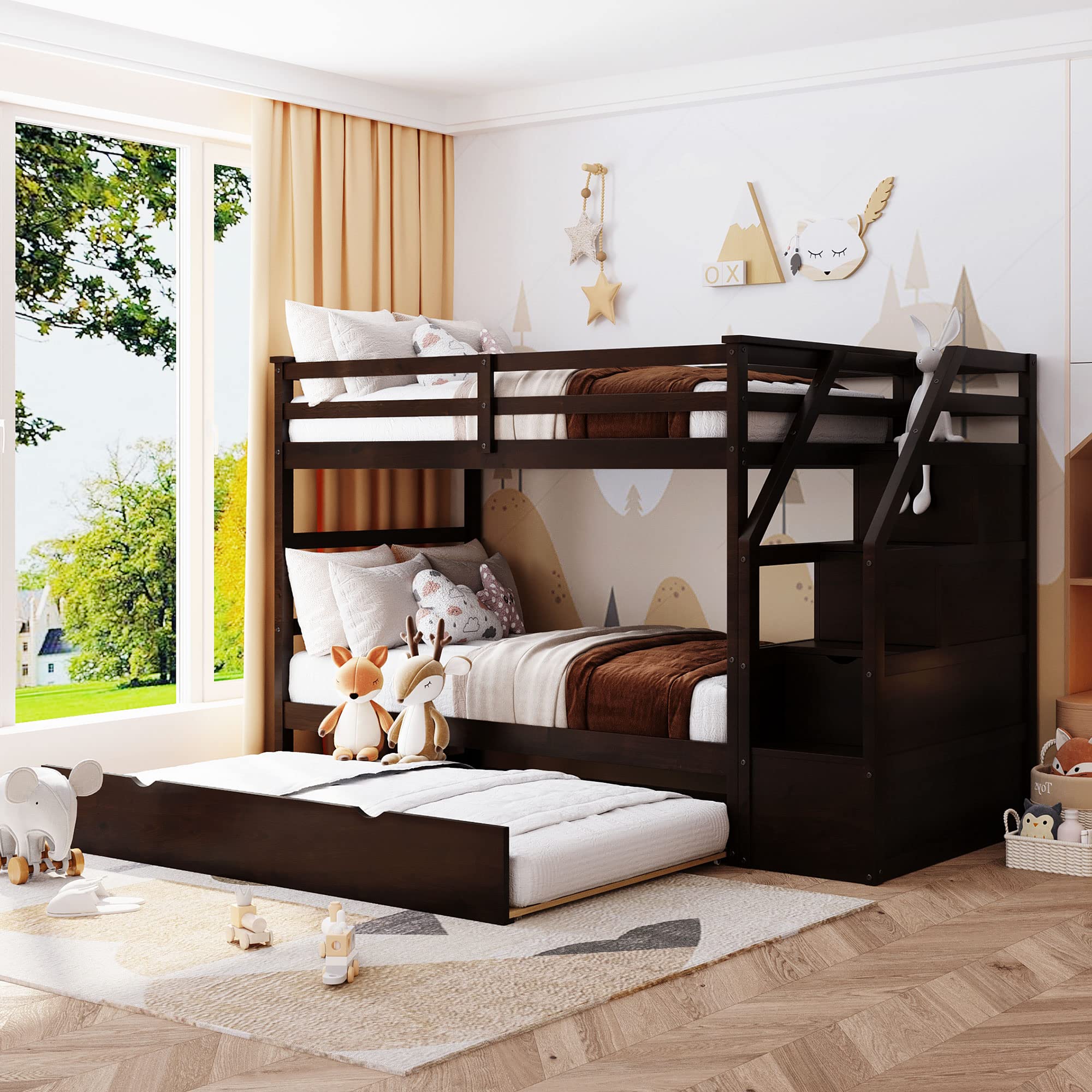 BIADNBZ Stairway Twin Over Twin Bunk Bed with Trundle and Storage Stairs, Solid Wood Bunkbed Frame for Kids Teens Adults Bedroom Dorm, Espresso