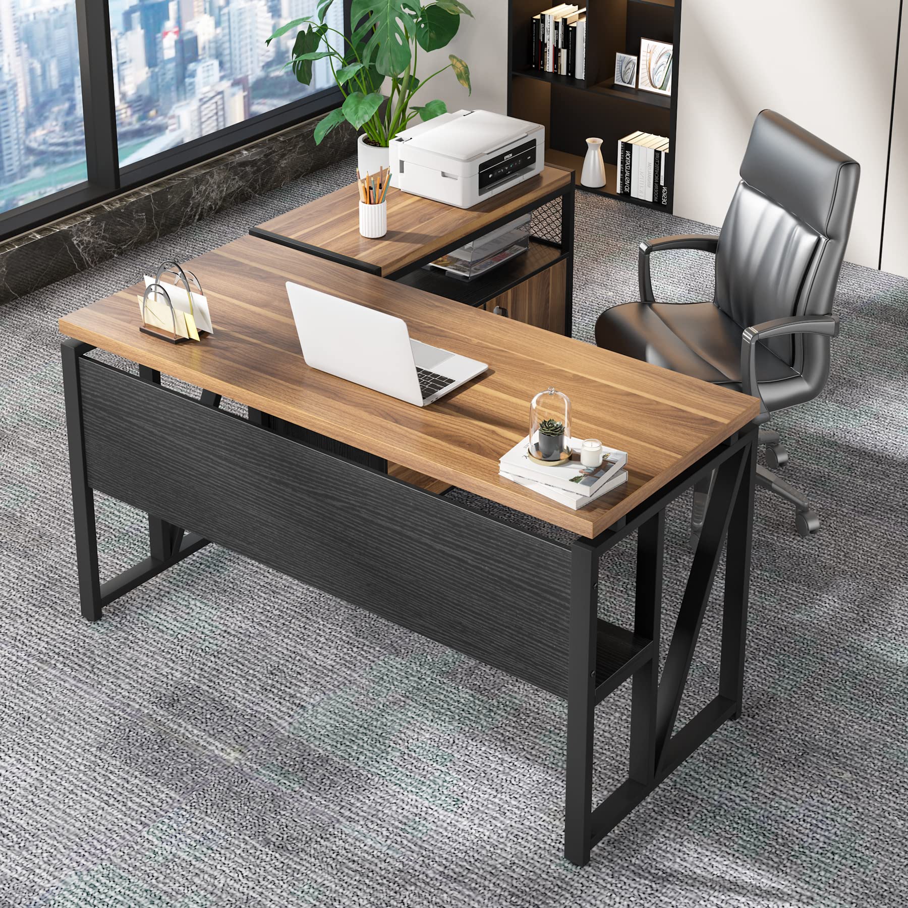 Tribesigns Desk with Drawer, 55" Long Computer Desk with Storage Rack and Mobile Document Cabinet, Home Office Furniture Set Executive Desk (Brown, 55" (Brown, 55)