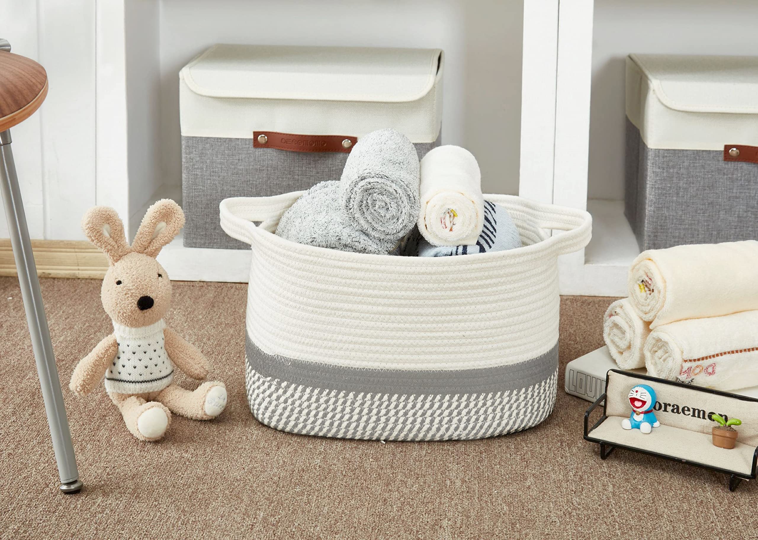 DECOMOMO Woven Baskets for Storage | Large Decorative Cotton Rope Basket for Organizing Baby Toy Book Nursery Kids Laundry Organizer 15" x 11" x 10" (Grey, Large – Set of 3)