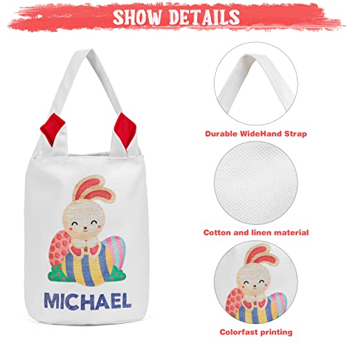 Customized Name Canvas Tote Bag Bunny Printed Easter Basket, Egg Hunt Easter Bags with Rabbit Ears for Kids Boys Girls First Easter Party Decorations Favors Gifts, Cute Easter Basket