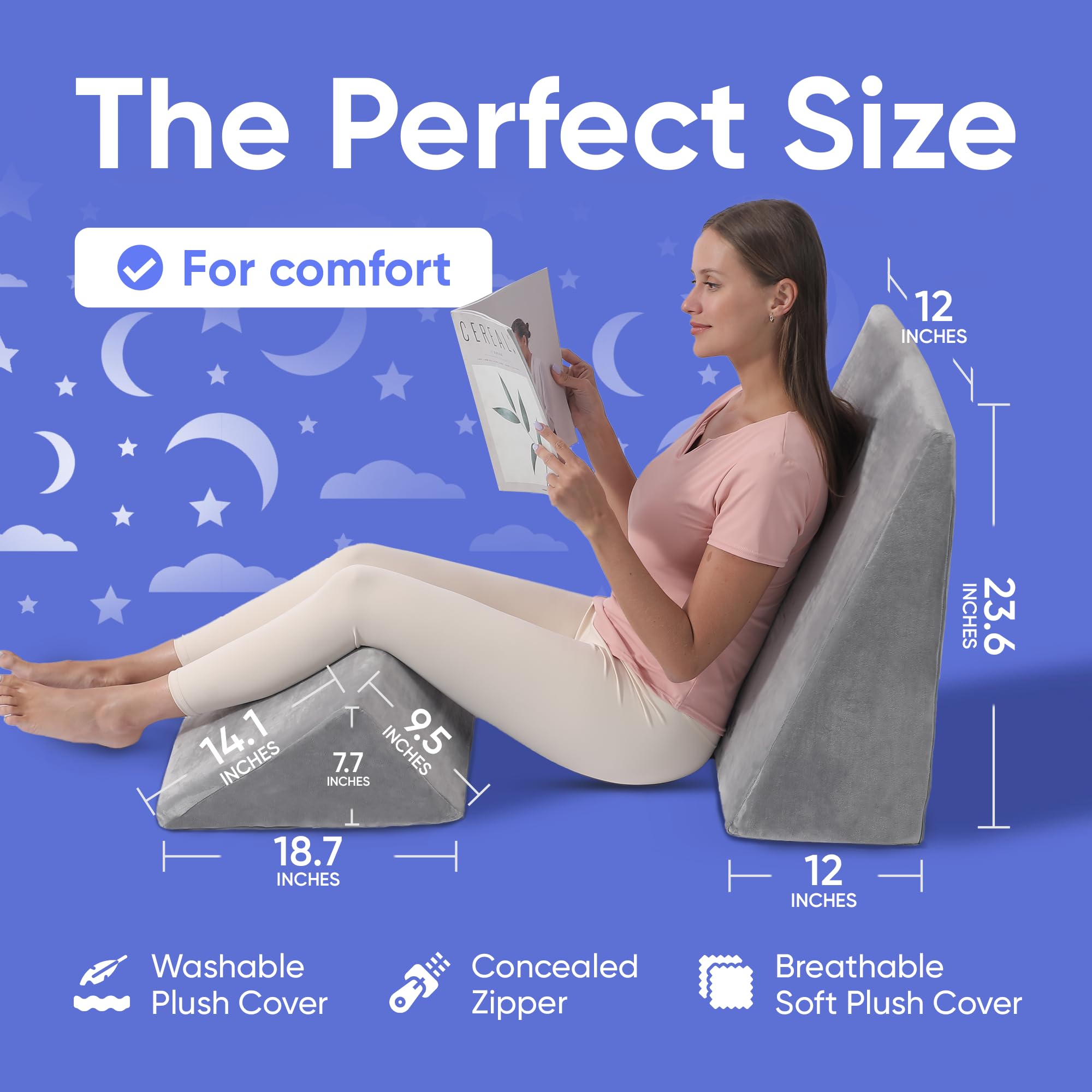 Bed Wedge Pillow β 2 Separate Memory Foam Incline Cushions, System for Legs, Knees and Back Support Pillow | Acid Reflux, Anti Snoring, Heartburn, Reading β Machine Washable, Grey