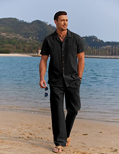 COOFANDY Mens Coordinated Outfit Linen Beach Casual Cuban Button Up Shirts Drawstring Pants, Black, X-Large