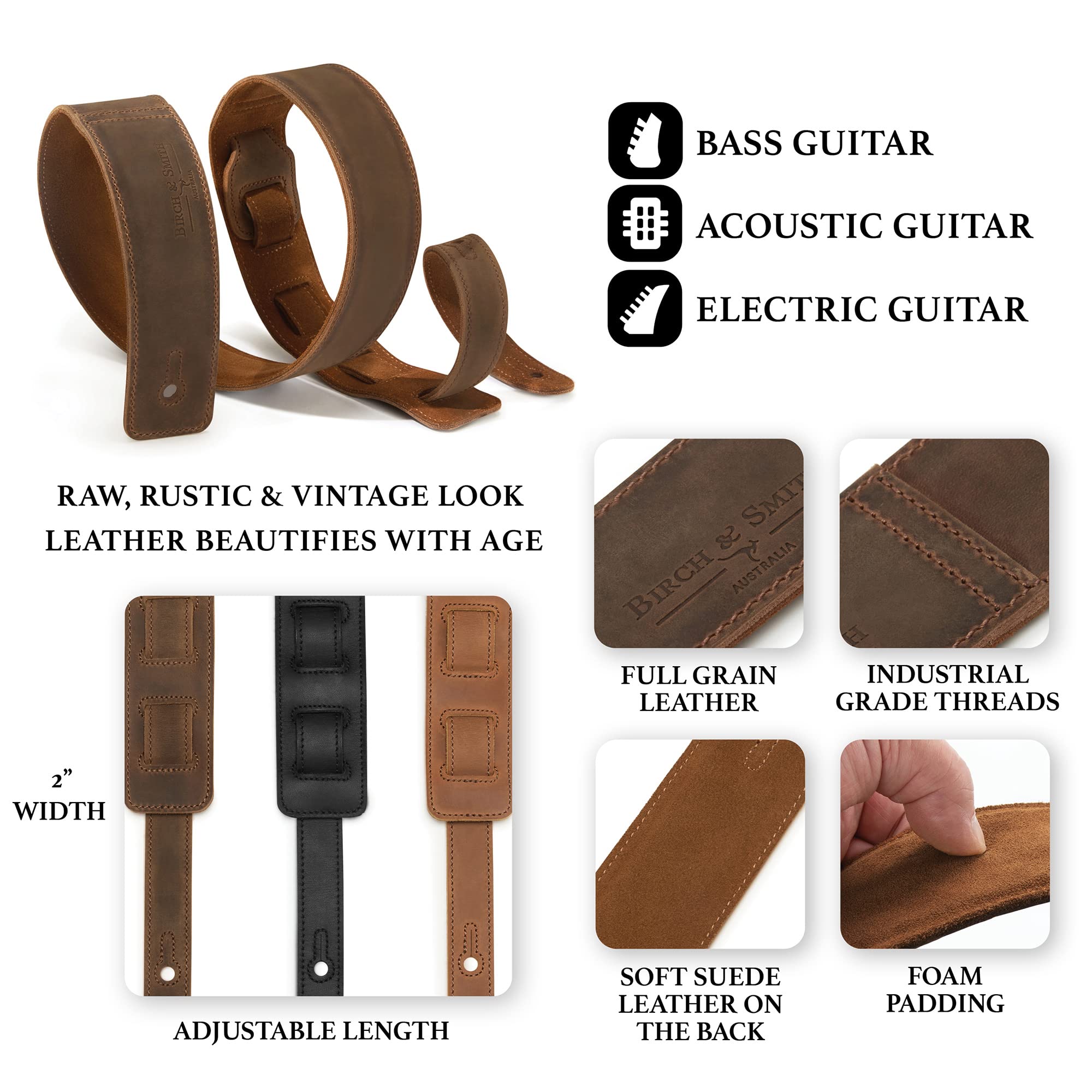 BIRCH & SMITH Full Grain Leather Guitar Strap, Foam Padded, Perfect for Electric, Acoustic & Bass Guitars (2" Wide, Whiskey Brown Color)