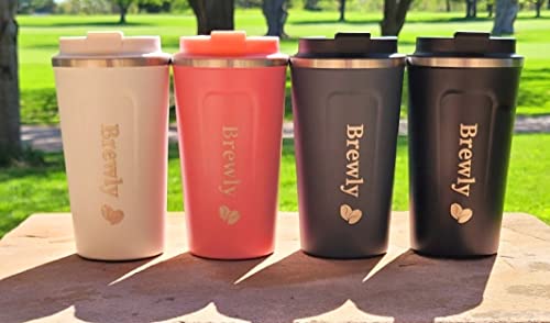 Brewly 17 oz Stainless Steel Vacuum Insulated Tumbler - Coffee Travel Mug Spill Proof Lid - Great for Coffee or Tea - Black, US Based Brand (Black)