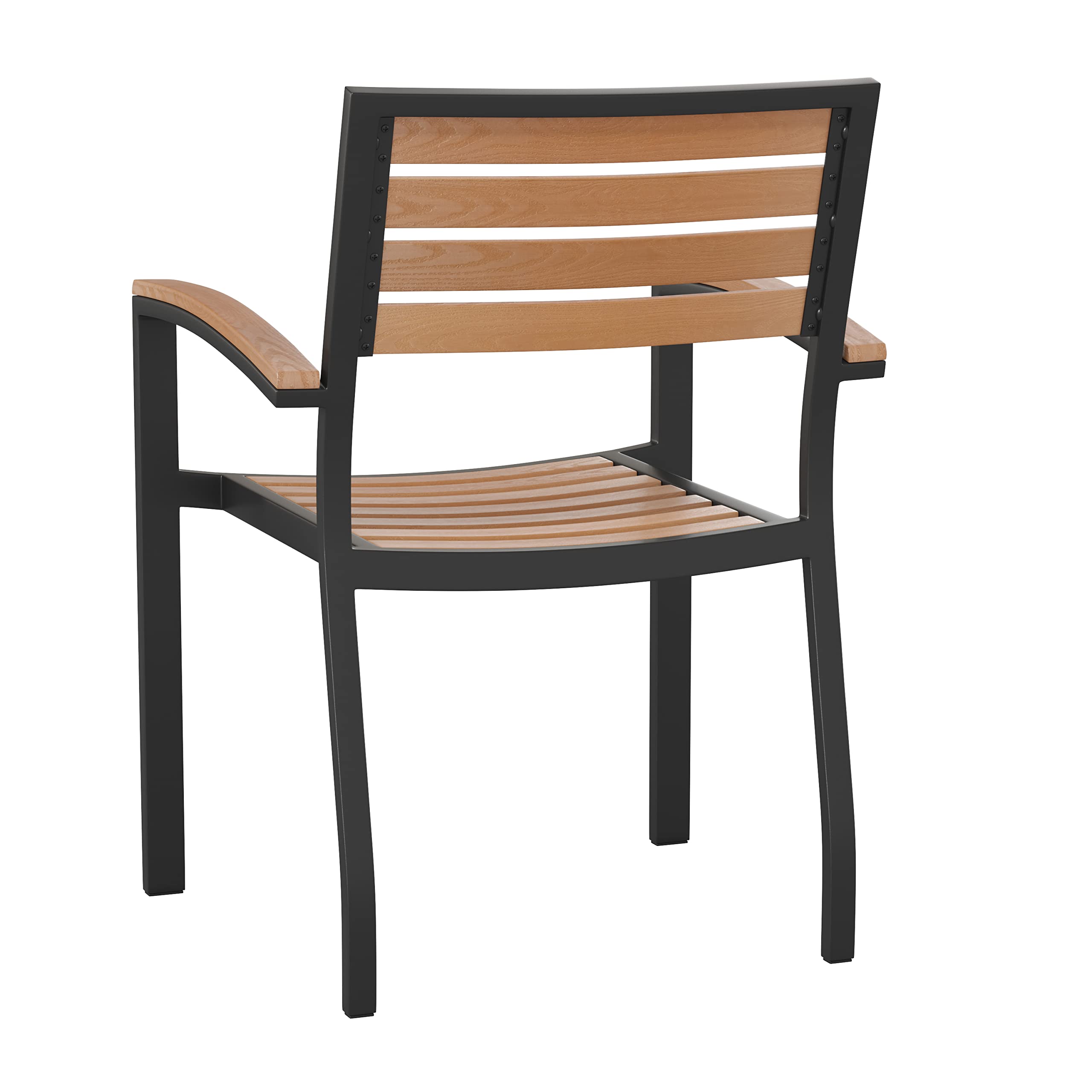 EMMA + OLIVER Stackable Aluminum Patio Chair - Set of 2 All-Weather Black Framed Side Chair with Faux Teak Slats - Commerical Grade