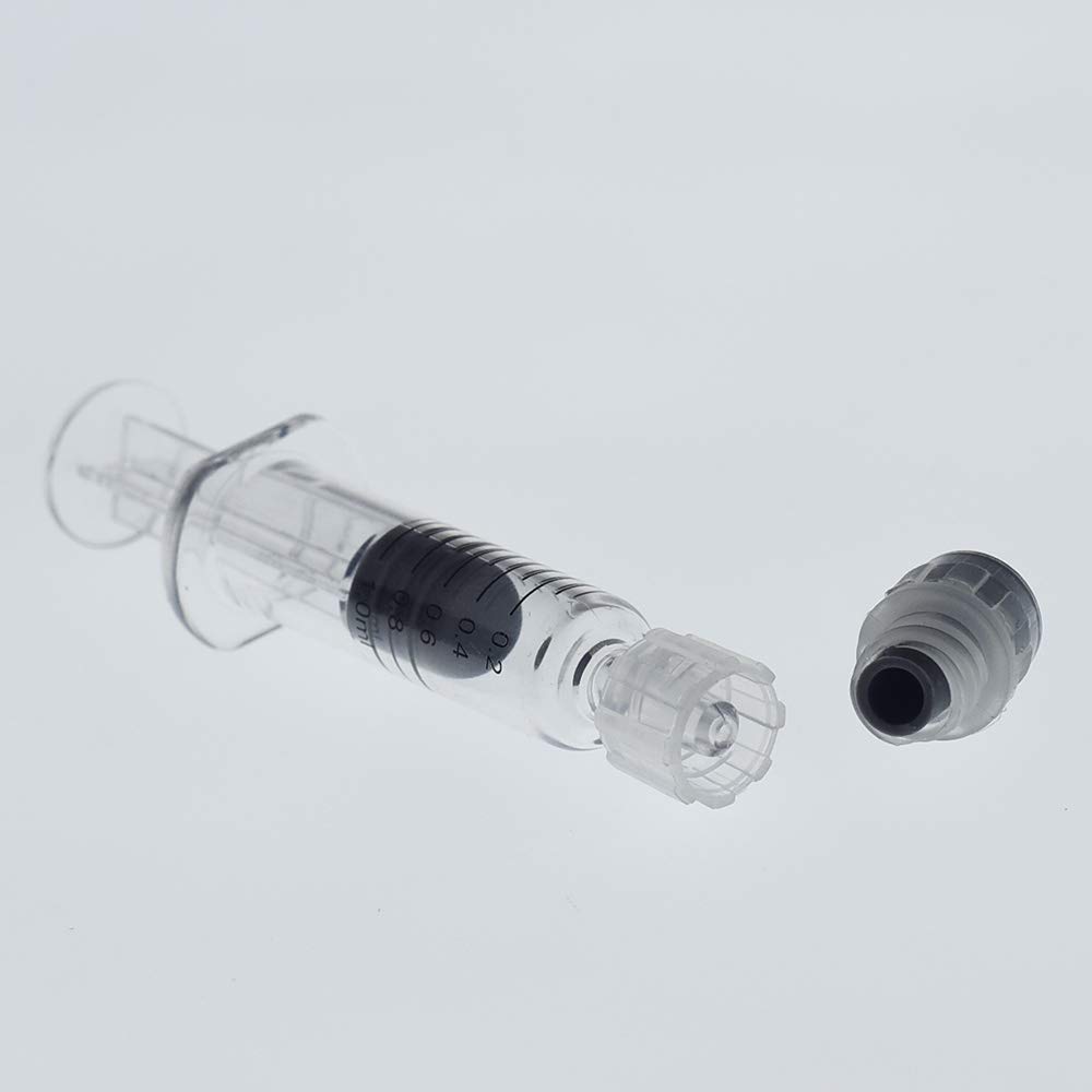 Fhis Dispensing Measurement Mark Tip for CBD Oils, EJuices, Liquids, Chemical (Gray Piston)1ml Luer Lock Syringe with Needle ReusablePack of 100 (19G)