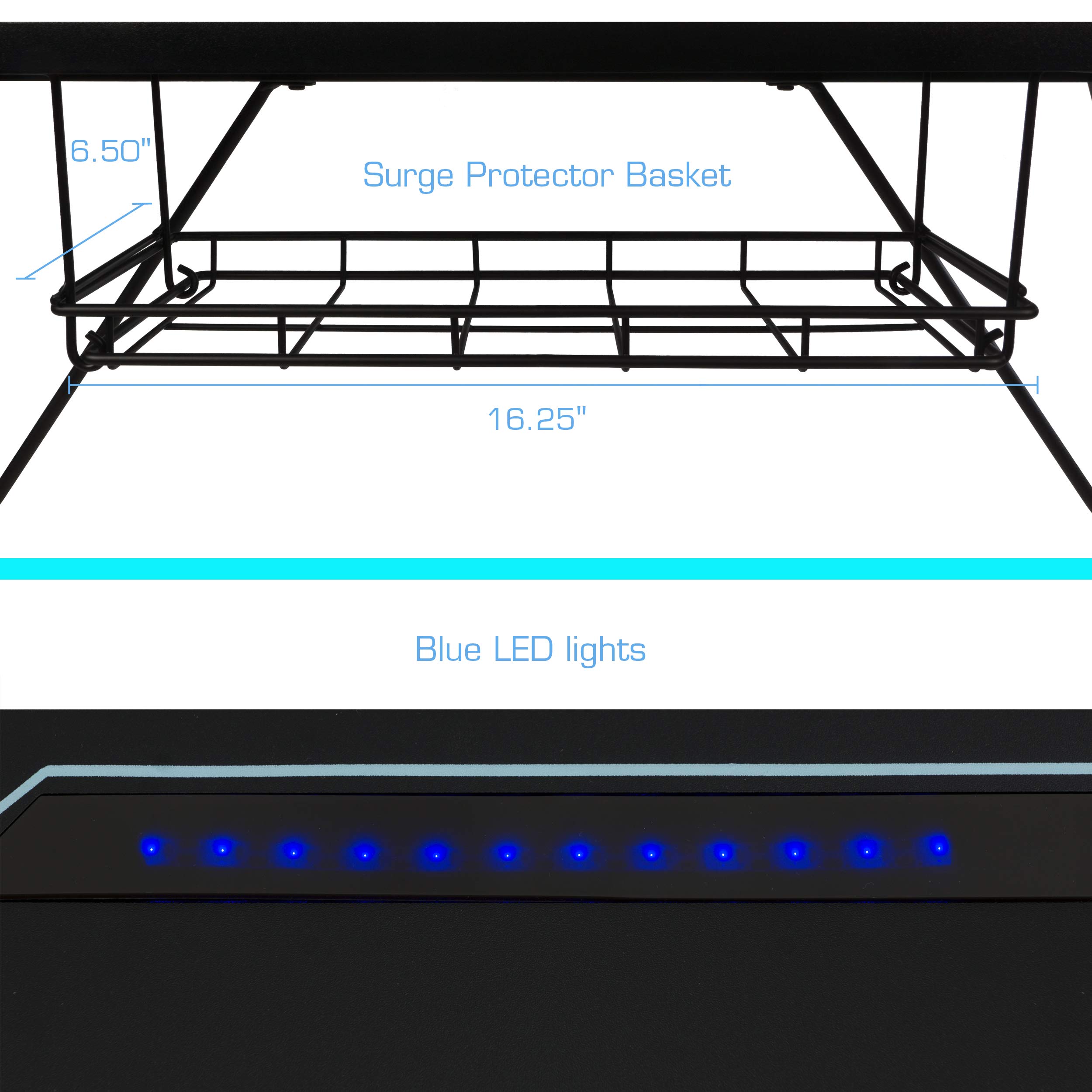 Atlantic Viper 3000 Gaming Desk – Single Laminated Surface, Heavy-Duty Steel X-Legs, Integrated LED, 3 USB 3.0 Ports, Smart Device Slot, Surge Protector Tray, Headset Hooks, PN 33906164 - Black