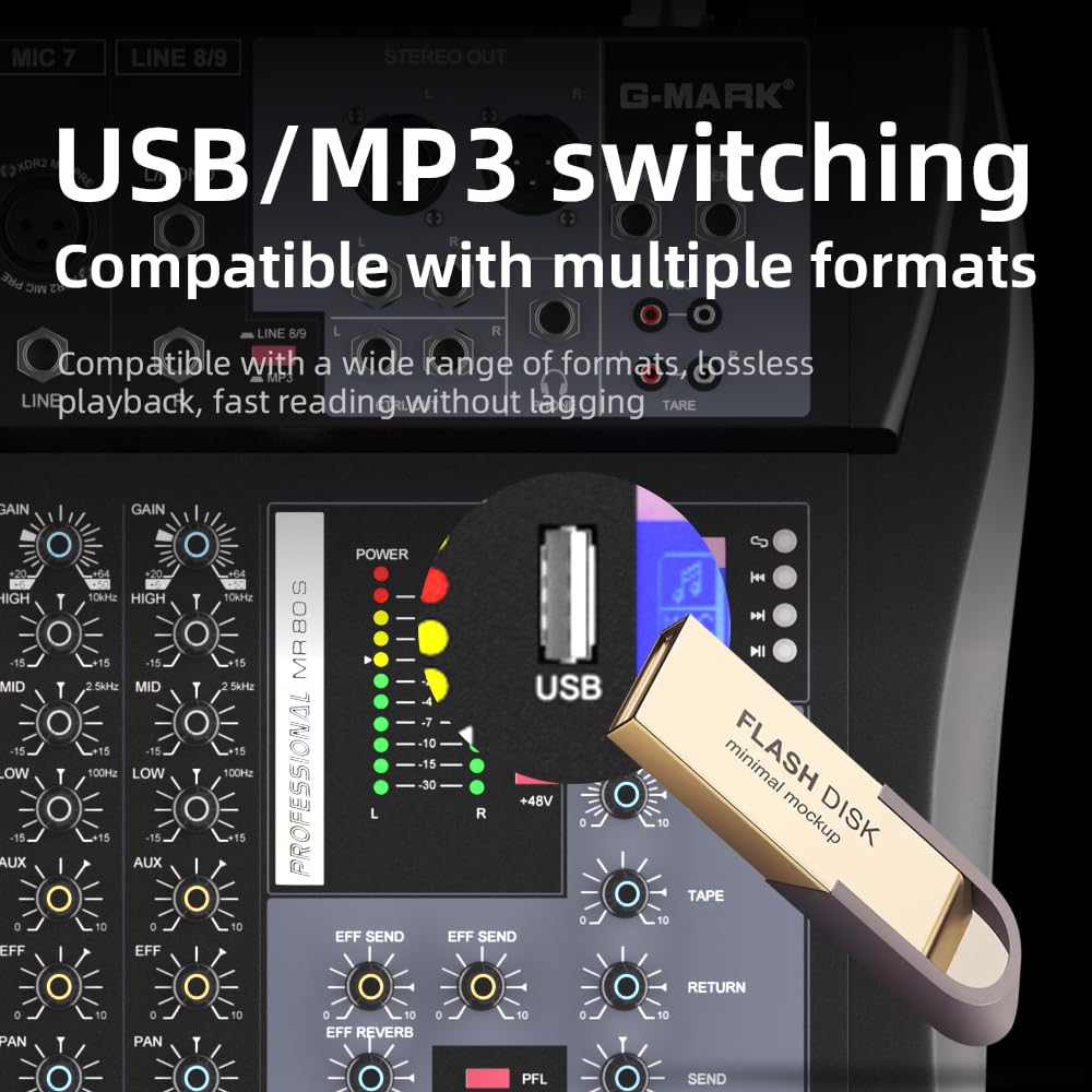 Audio Interface Mixer G-MARK MR80S USB Bluetooth Mixing Console 8 Channel 48V Phantom Power Sound Board Music Reverb For PC Stage Studio DJ Sound Controller Analog Mixer