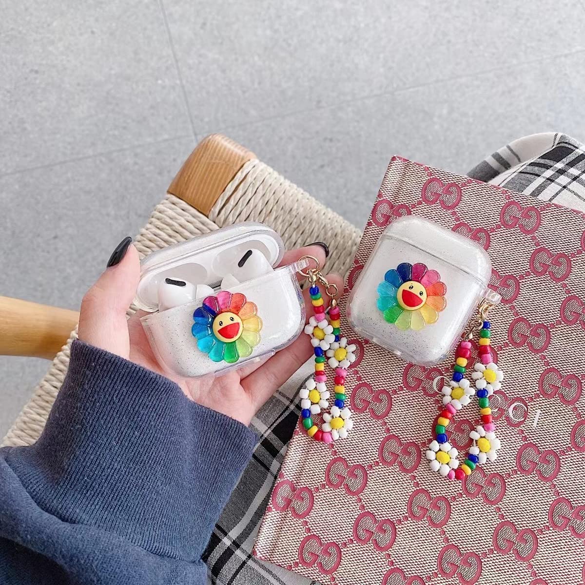 Cute AirPod Case Smile Sun Flower Bracelet Design Soft Clear Glitter Protective Cover for AirPods 1st & 2nd Generation Case