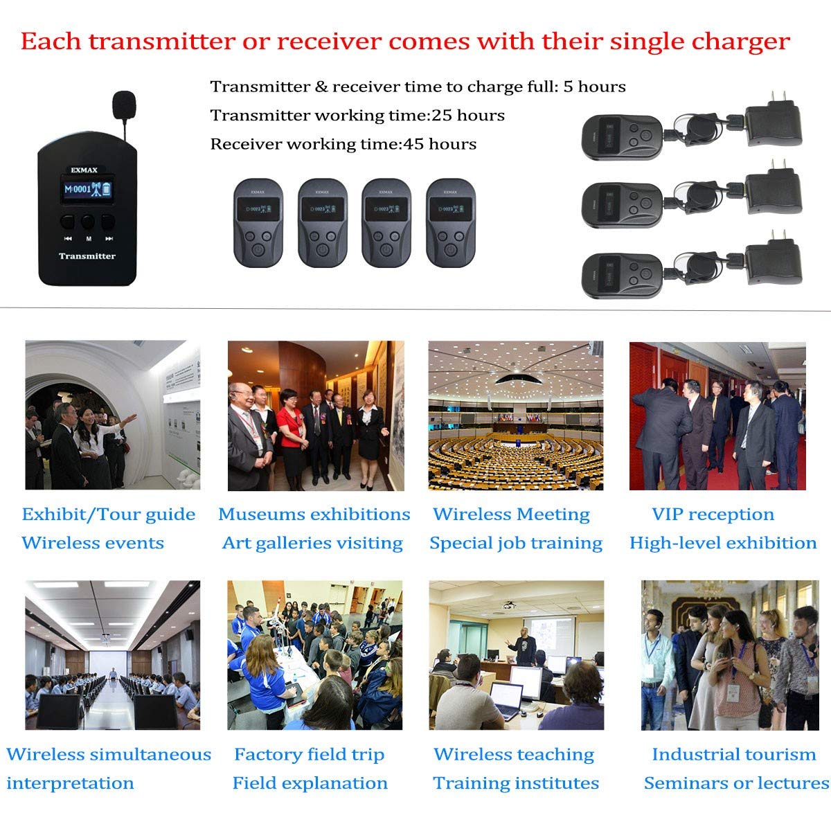 EXMAX EXD-101 2.4G Wireless Handfree Tour Guide System Translation Equipment with 9999 Channels for Tour Guide, Interpreter, Coach, Trainee(2 Transmitters 8 Receivers)