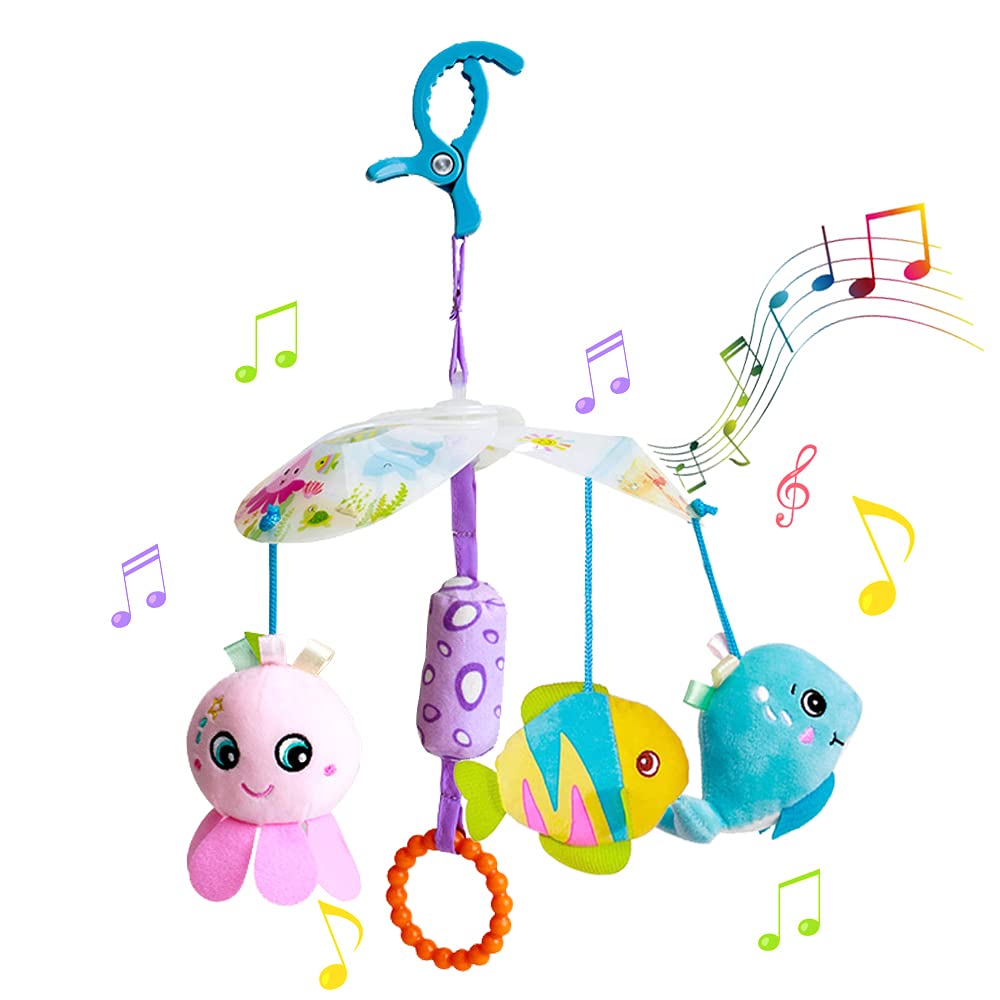Cute Car Seat Hanging Toys for Baby, C Clip Hanging Ocean Animal Soft Toys with Rattles BB Squeaker Distorting Wind Chime for Boys Girls 0 3 6 12 Months