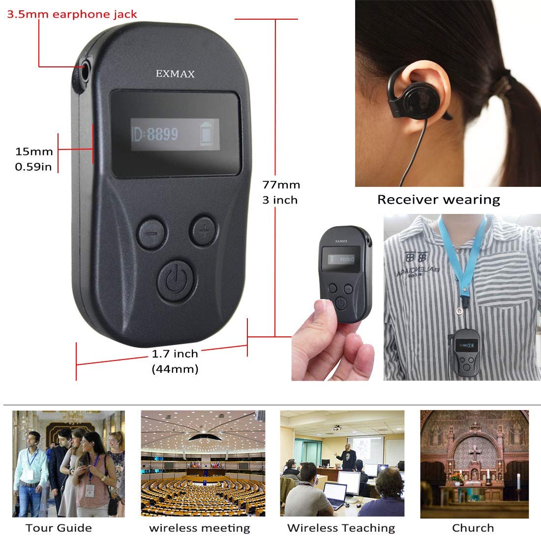 EXMAX EXD-101 2.4GHz Wireless Language Interpretation System Audio Visual Voice Acoustic Transmission for Church,Teaching,Translation,Training,VIP Reception(2 Transmitters 6 Receivers)
