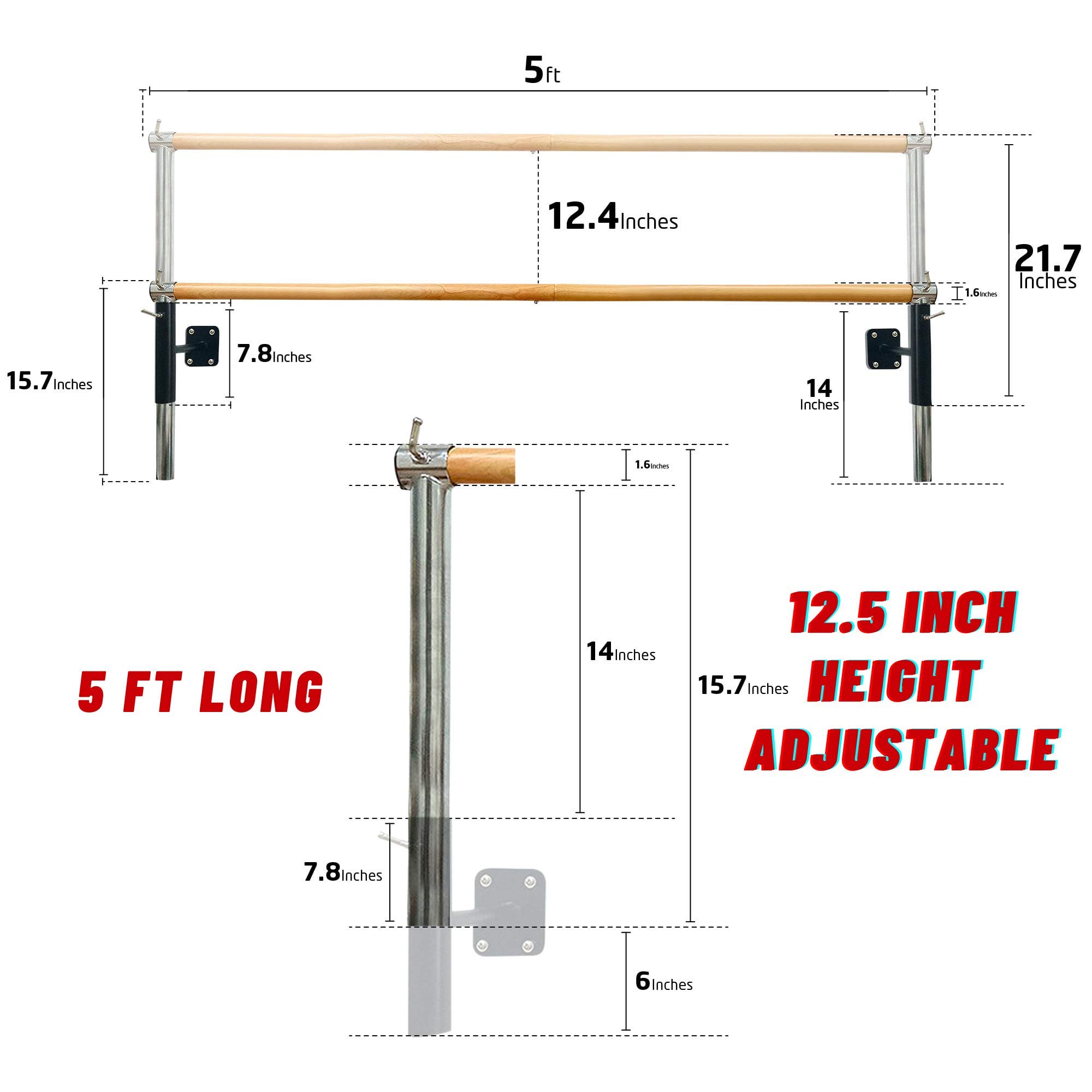 Artan Balance Ballet Barre Wall Mounted for Home or Studio Dance Training, Yoga, Stretching, and Pilates, Adjustable Bar Height, for Kids and Adults, Beginner Friendly, 5 FT Long