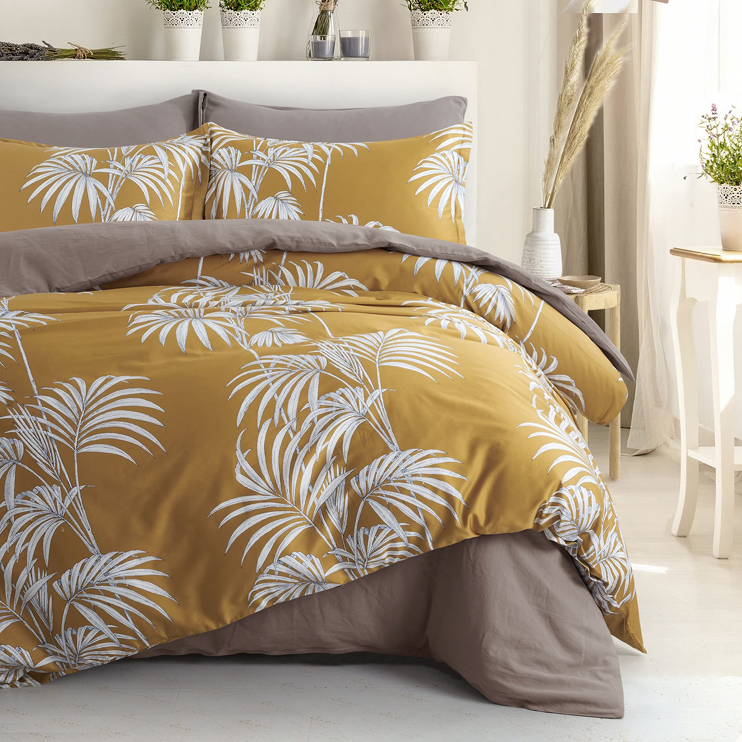 Eikei Midnight Blue Botanical Print Duvet Quilt Cover Egyptian Cotton Bedding Set Modern Luxury Minimal Palm Leaf Dark Charcoal Navy Ocher Floral Watercolor Design (Mustard Yellow, King)