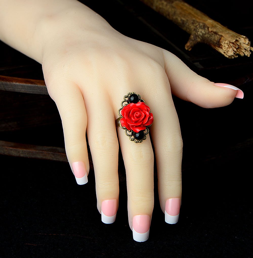 Antique bronze Colored Black Onyx agate With Big Red Rose Flower Women Open Band Ring,Adjustable