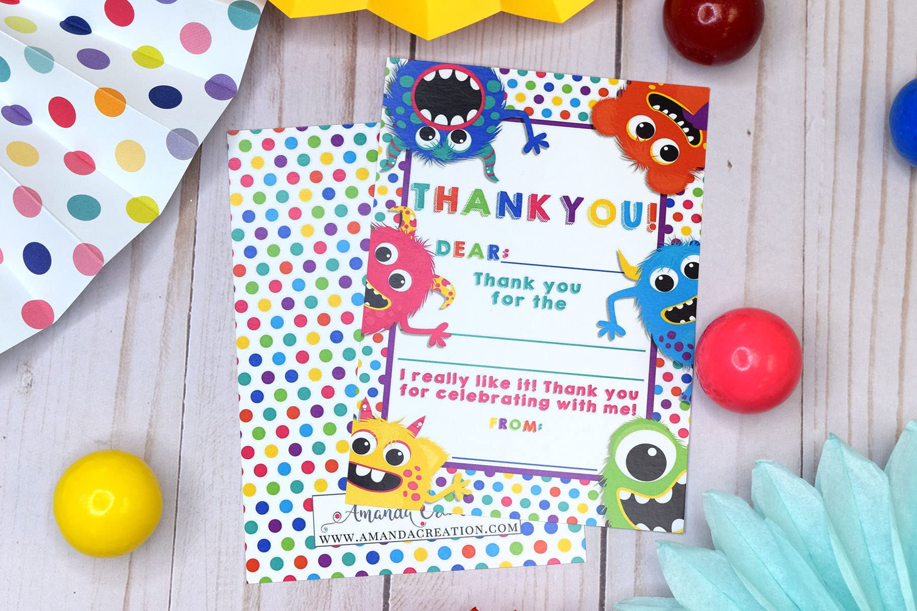 Cute & Colorful Monsters Thank You Notes for Kids, Ten 4" x 5.5" Fill In The Blank Cards with 10 White Envelopes by AmandaCreation