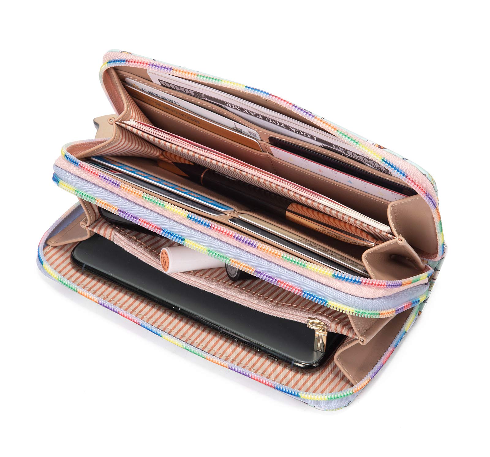 Ecohaso Womens Wallet, Large Capacity Cellphone Wallets Cute Cat Pattern, Double Zipper Long Leather Wristlet Clutch Purse