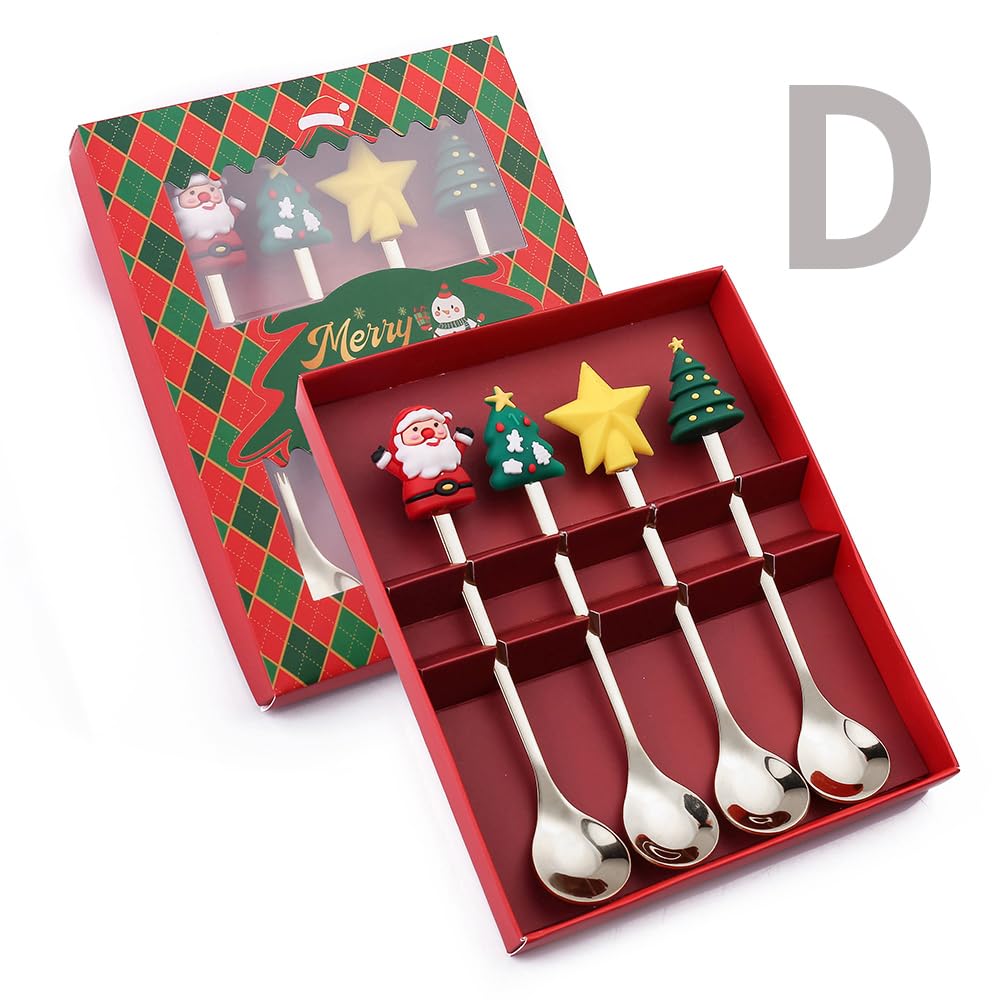 Christmas Coffee Spoons Coffee Stirrers Cake spoon Premium Stainless Steel Ice Tea Spoons, Ice Cream Spoon, Cocktail Stirring Spoons Set of 4(Silver colorr)