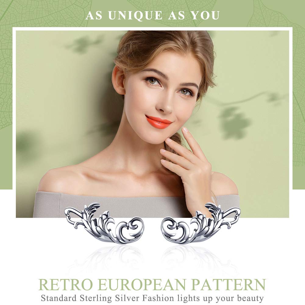 Antique Flower Stud Earrings Sterling Silver 925 Elegant Vintage Leaf Climber Crawler Earring Ear Piercing Thanksgiving Christmas Day Gifts for Women