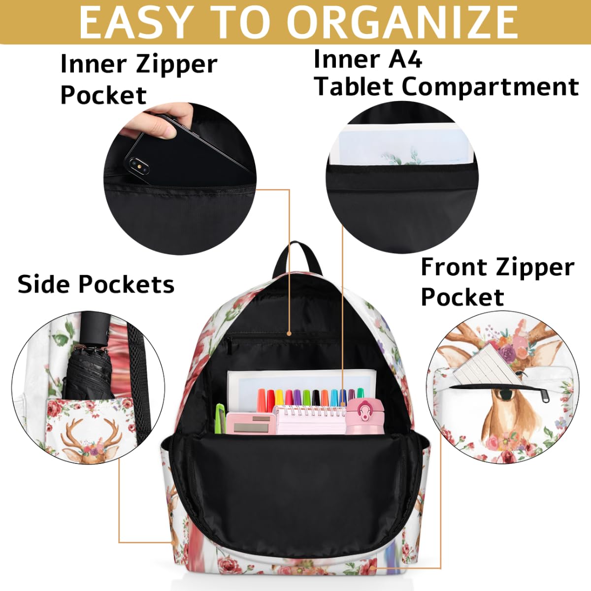 Bardic Backpack for Kids Kindergarten Boys Girls Backpack Metal Double Zipper Lightweight School Bookbag Travel Backpack - Cute Deer Flower Rose