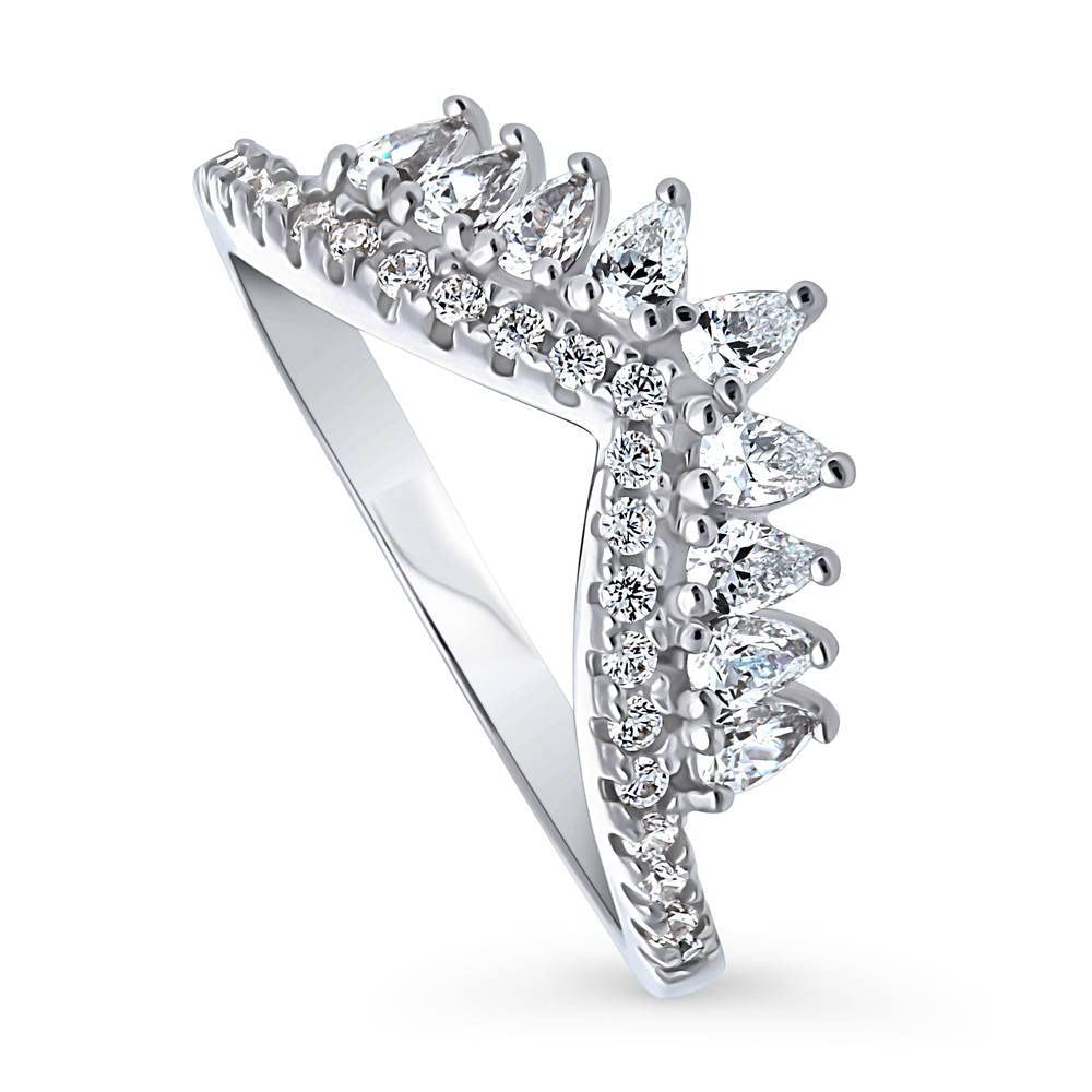 BERRICLE Sterling Silver Wishbone Wedding Rings Cubic Zirconia CZ Crown Anniversary Curved Half Eternity Ring for Women, Rhodium Plated Size 6.5