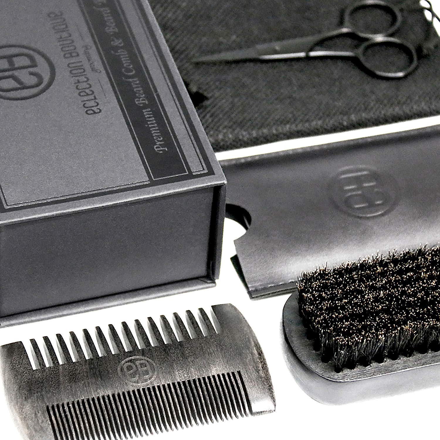 Beard Brush & Beard Comb Kit, Natural Boar Bristle Brush, Authentic Sandalwood Dual Action Comb & Durable Case, Mustache Trimming Scissors, Linen Pouch Bag, Gift Box Set for Men's Daily Grooming Care