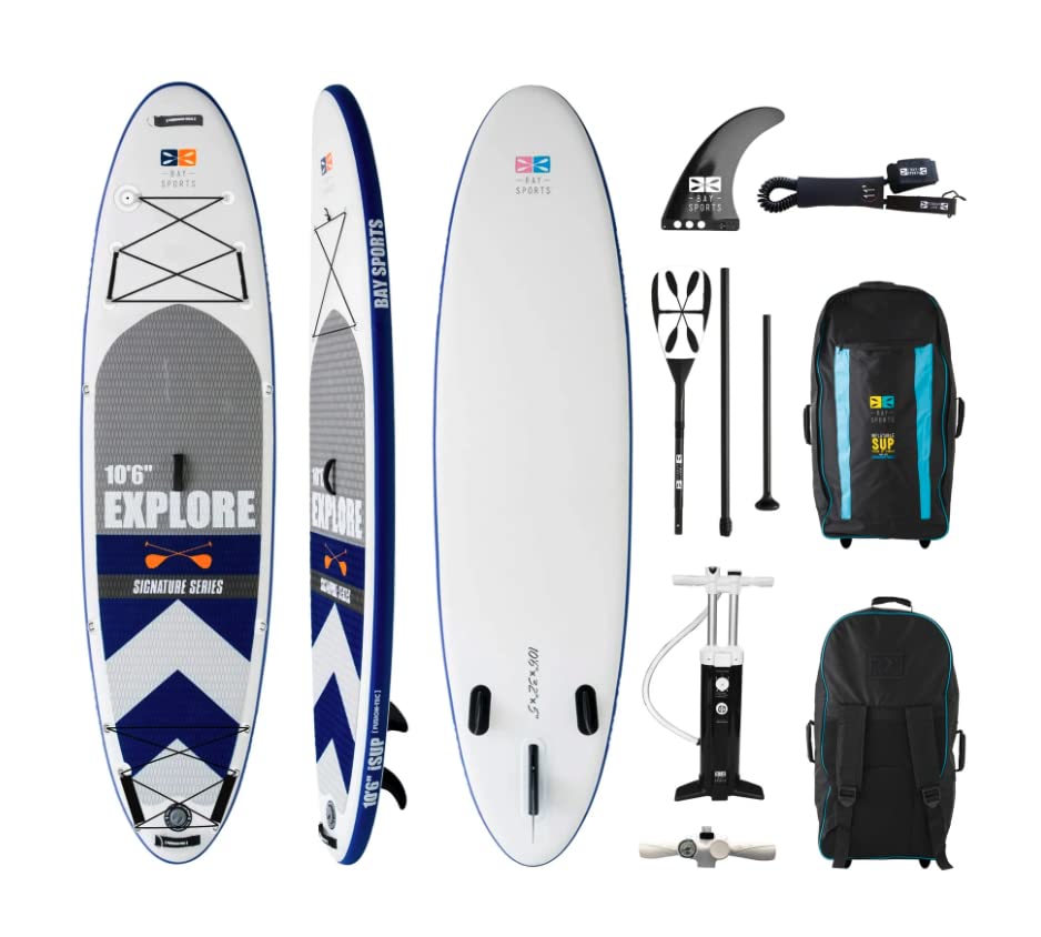 Bay Sports 2022 Model 10'6" Explore - Premium Inflatable SUP Board Package - iSUP with Fibreglass 3-Piece Adjustable Paddle and Helios Triple-Action Pump - DESIGNED in AUSTRALIA (Navy/Orange)