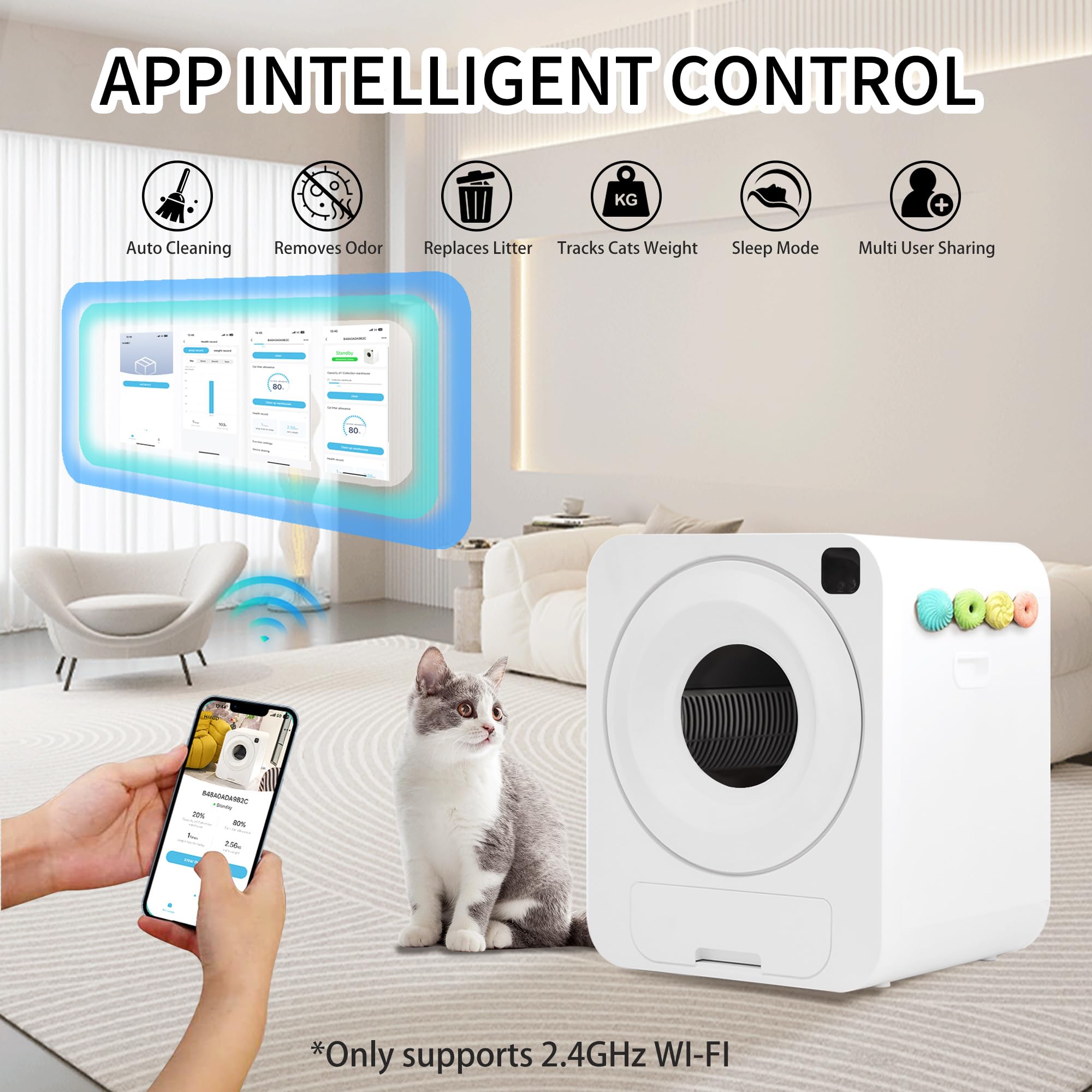 Bebeblue Self Cleaning Cat Litter Box, Automatic Cat Litter Box, No Scooping Odor Removal Health Monitoring Quiet Extra Large Space for Cats Free Cat Bed