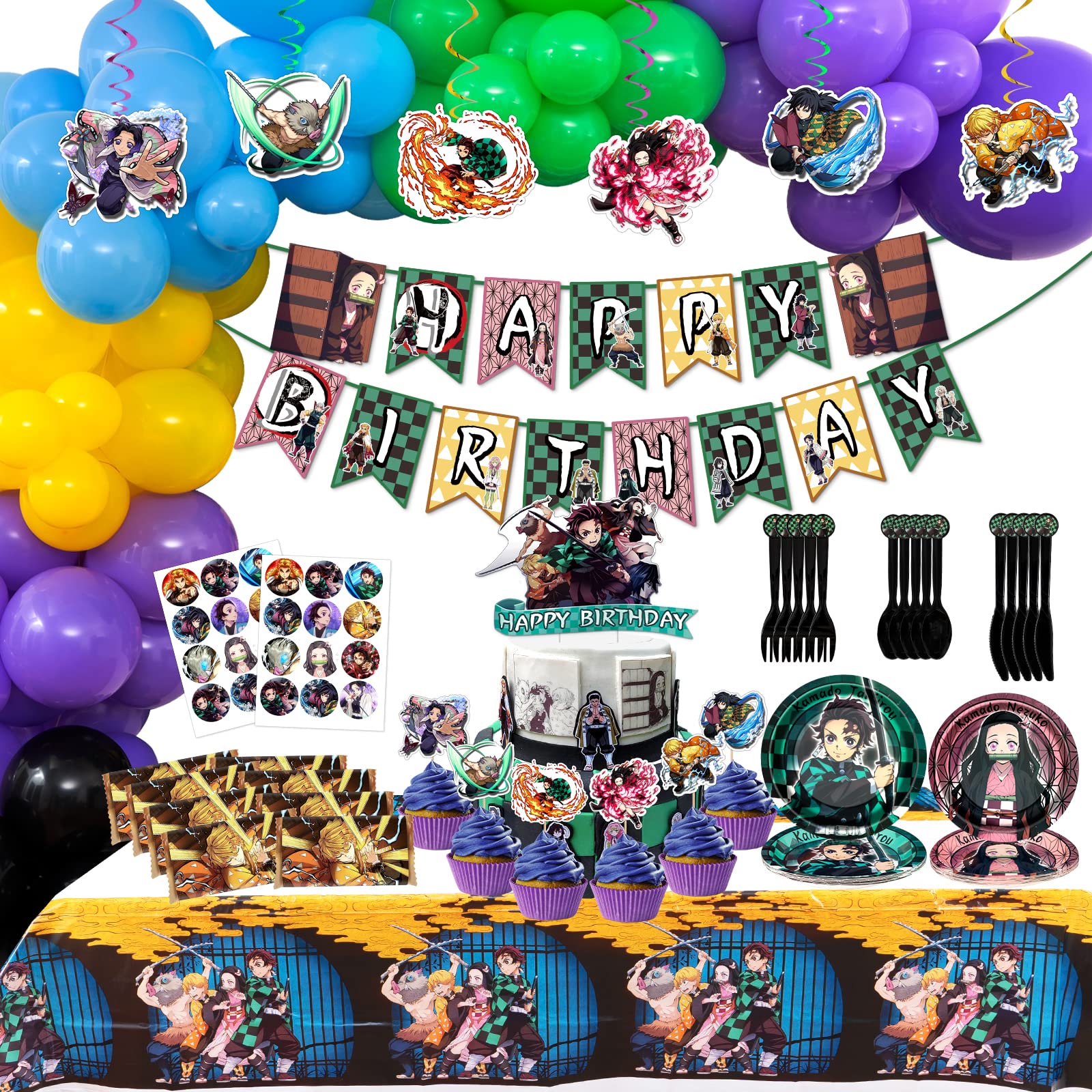 Birthday Decorations, 177Pcs Party Supplies, Include Tablecloth, Stickers, Banner, Cupcake Toppers, Tableware, Plates, Spiral Charm, Balloons for Kids Anime Theme Party