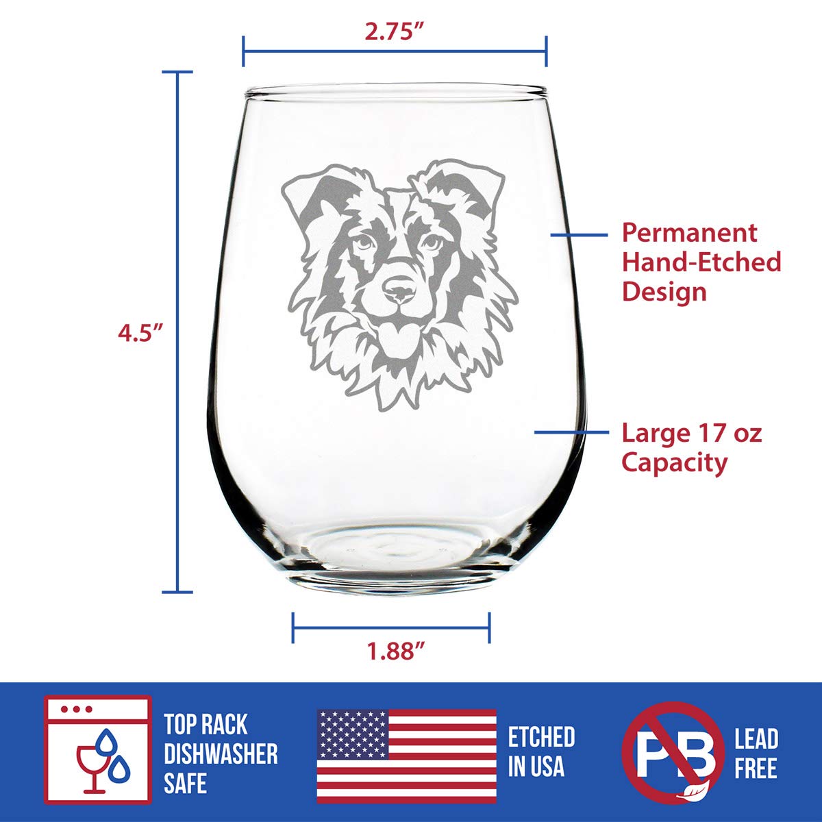 Border Collie Stemless Wine Glass - Cute Dog Themed Decor and Gifts for Moms & Dads of Border Collies - Large 17 Oz